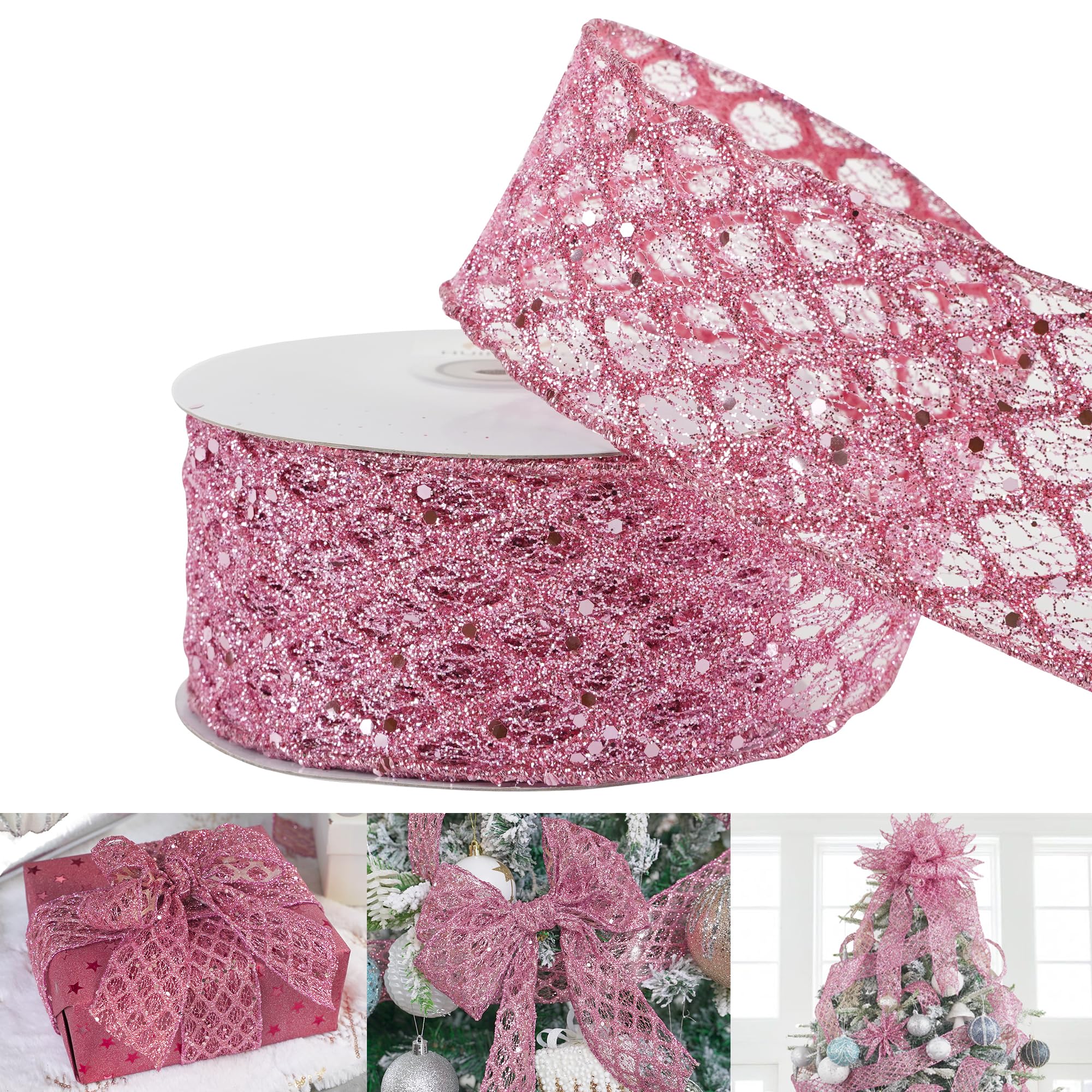 Amazon.com: HUIHUANG Pink Wired Ribbon 2.5 inch Light Pink Christmas ...