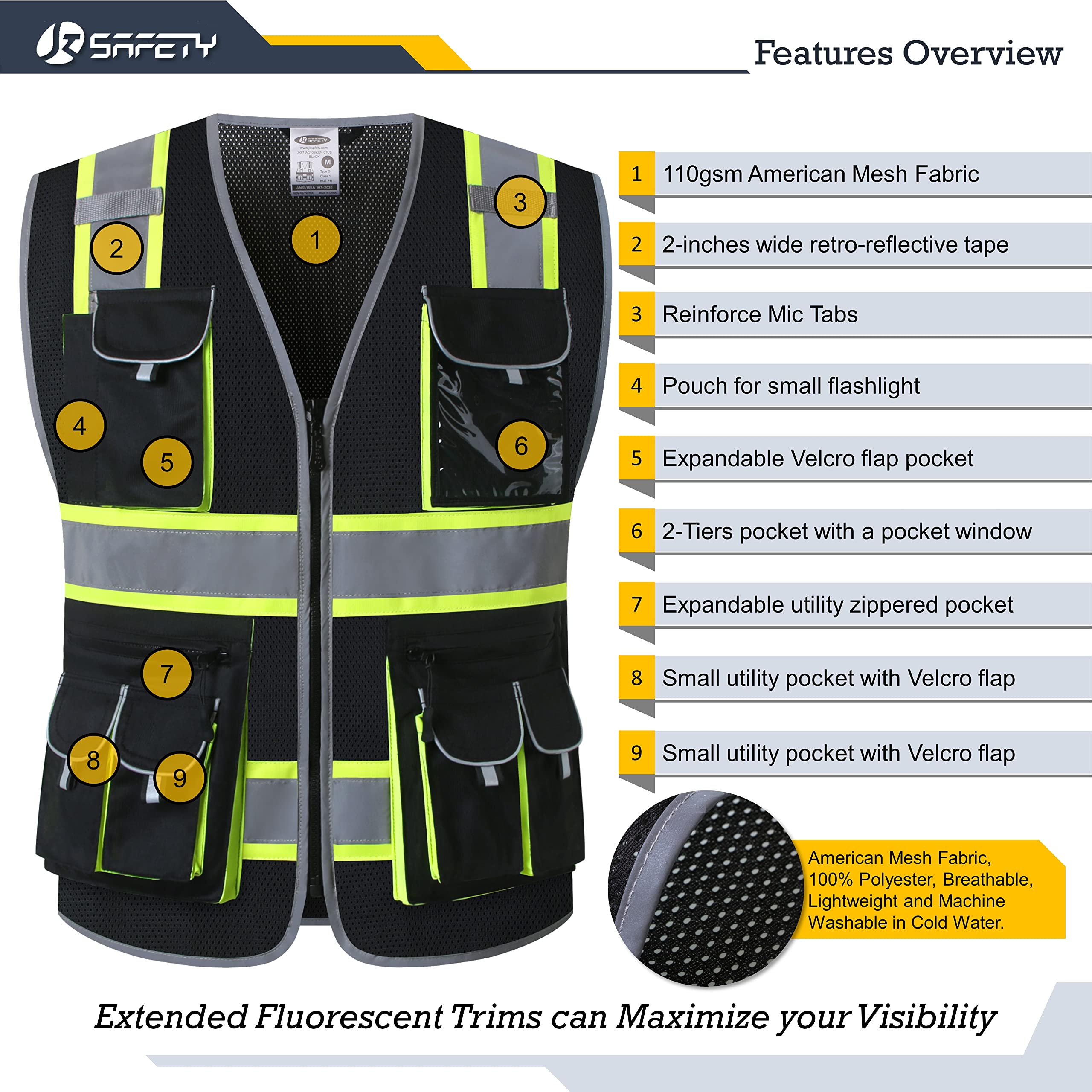 Snapklik.com : JKSafety 10 Pockets Hi-Vis Neon Color Frontal Zipper ...