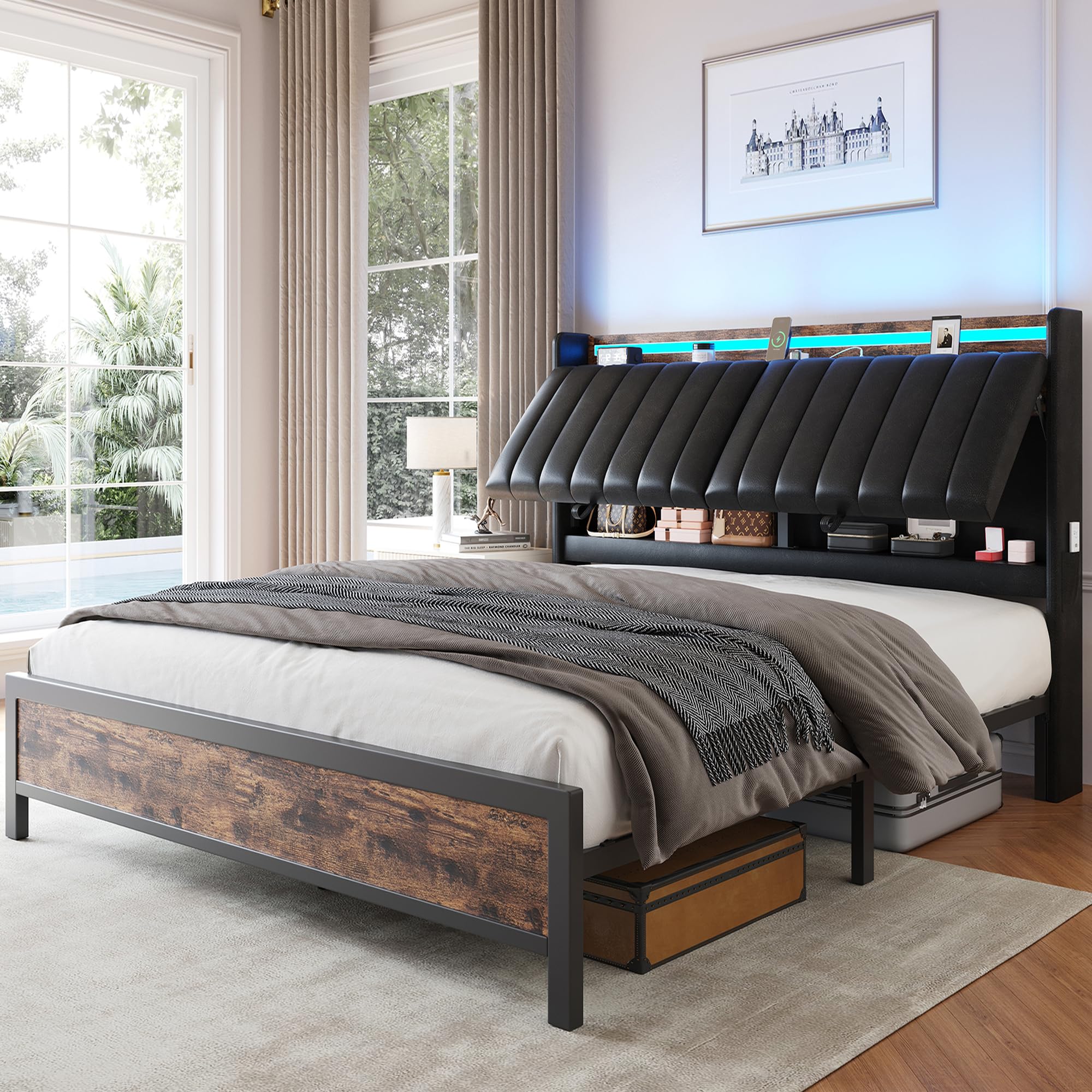 Amazon.com: Queen Size Bed Frame with Ergonomic Headboard, LED Lights ...