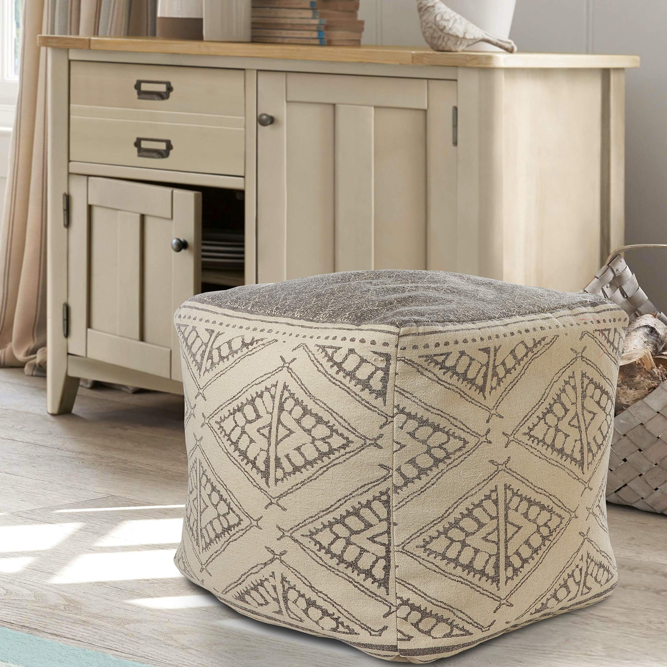 LR Home Handmade Geometric Rustic Farmhouse Pouf, Beige/Gray, 20" x 20 ...