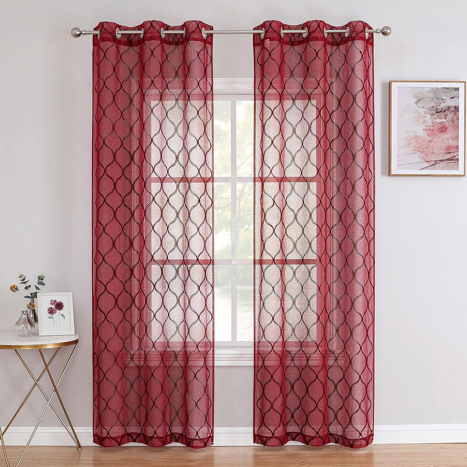 Amazon.com: Bujasso Red Sheer Curtains 84 inch Embroidered Geometric ...