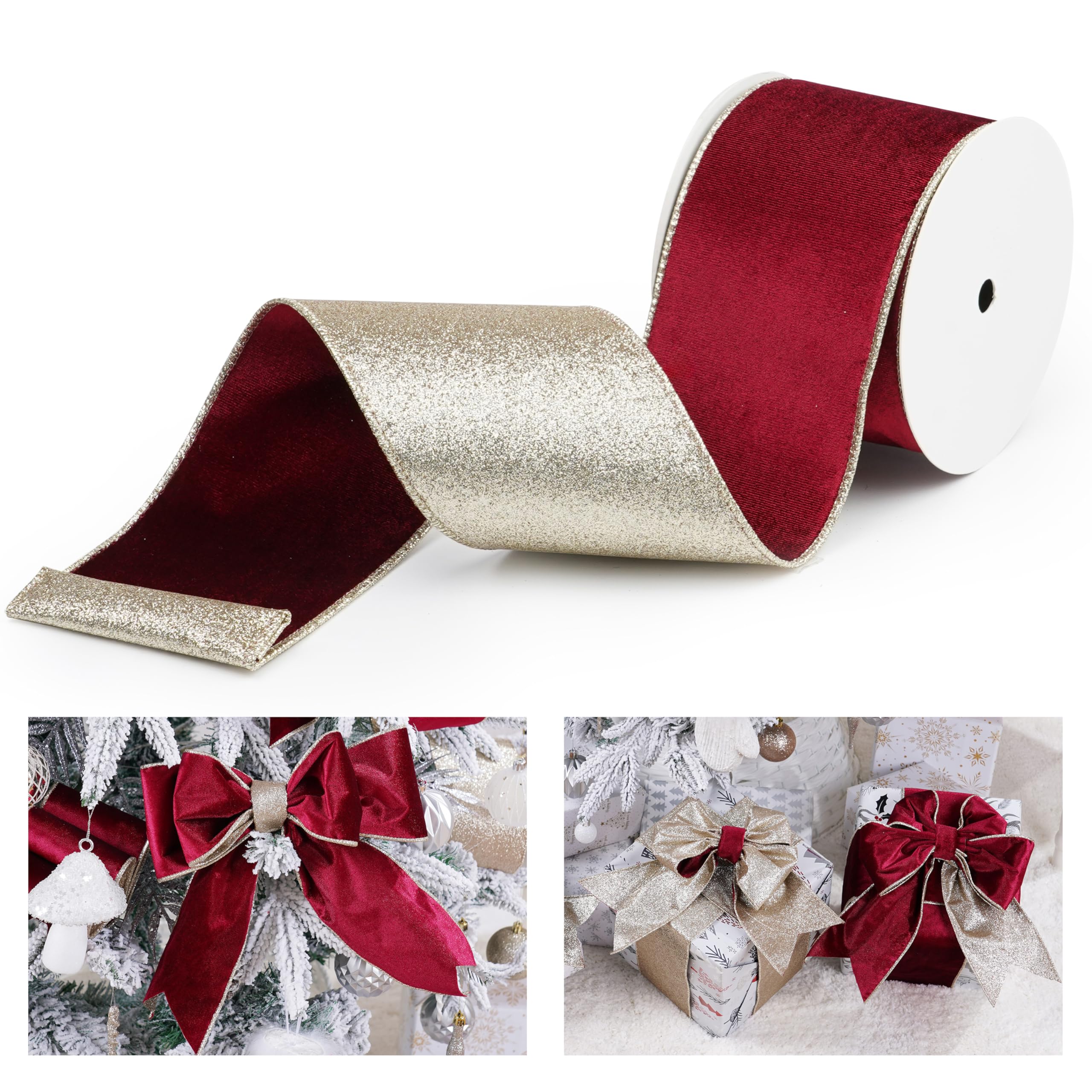 Amazon.com: LIZLOVESS Burgundy Velvet Wired Ribbon with Glitter Back 4 ...