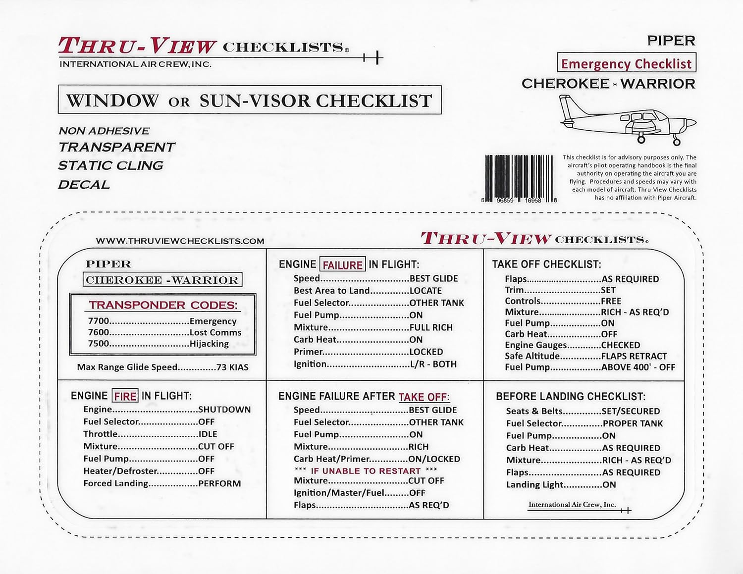 Amazon.com: Thru-View Emergency Checklist - Piper PA-28 Cherokee ...
