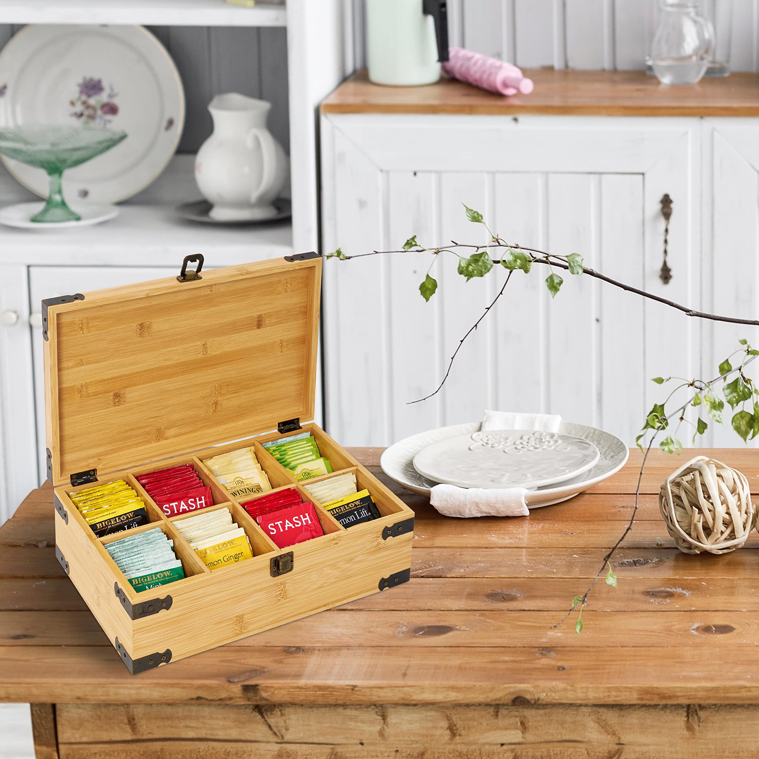 NHZ Bamboo Tea Box Storage, Tea Bag Organizer Box, 8 Compartments (natural)