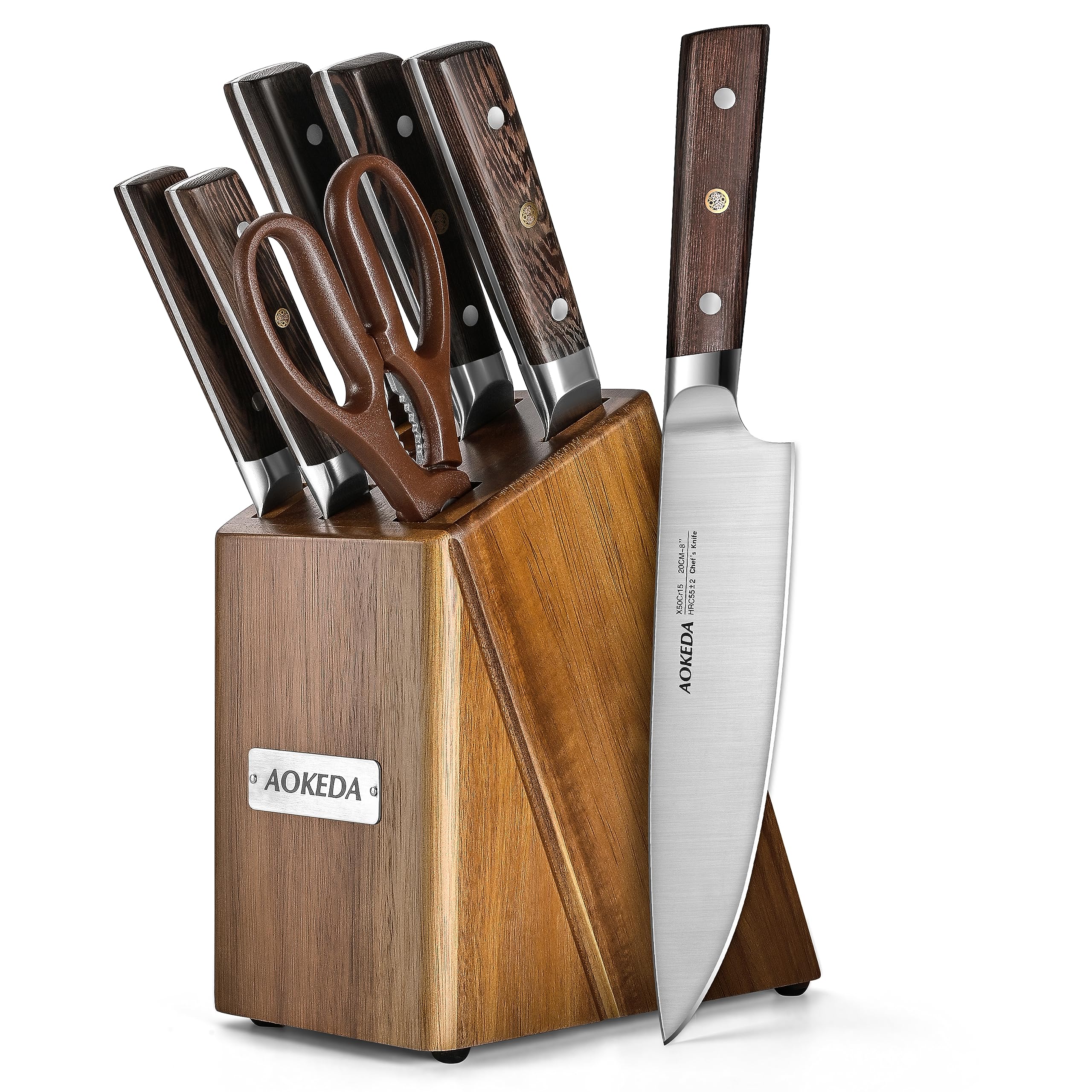 AOKEDA 7-Piece Kitchen Knife Set with Block, High Carbon German Steel ...