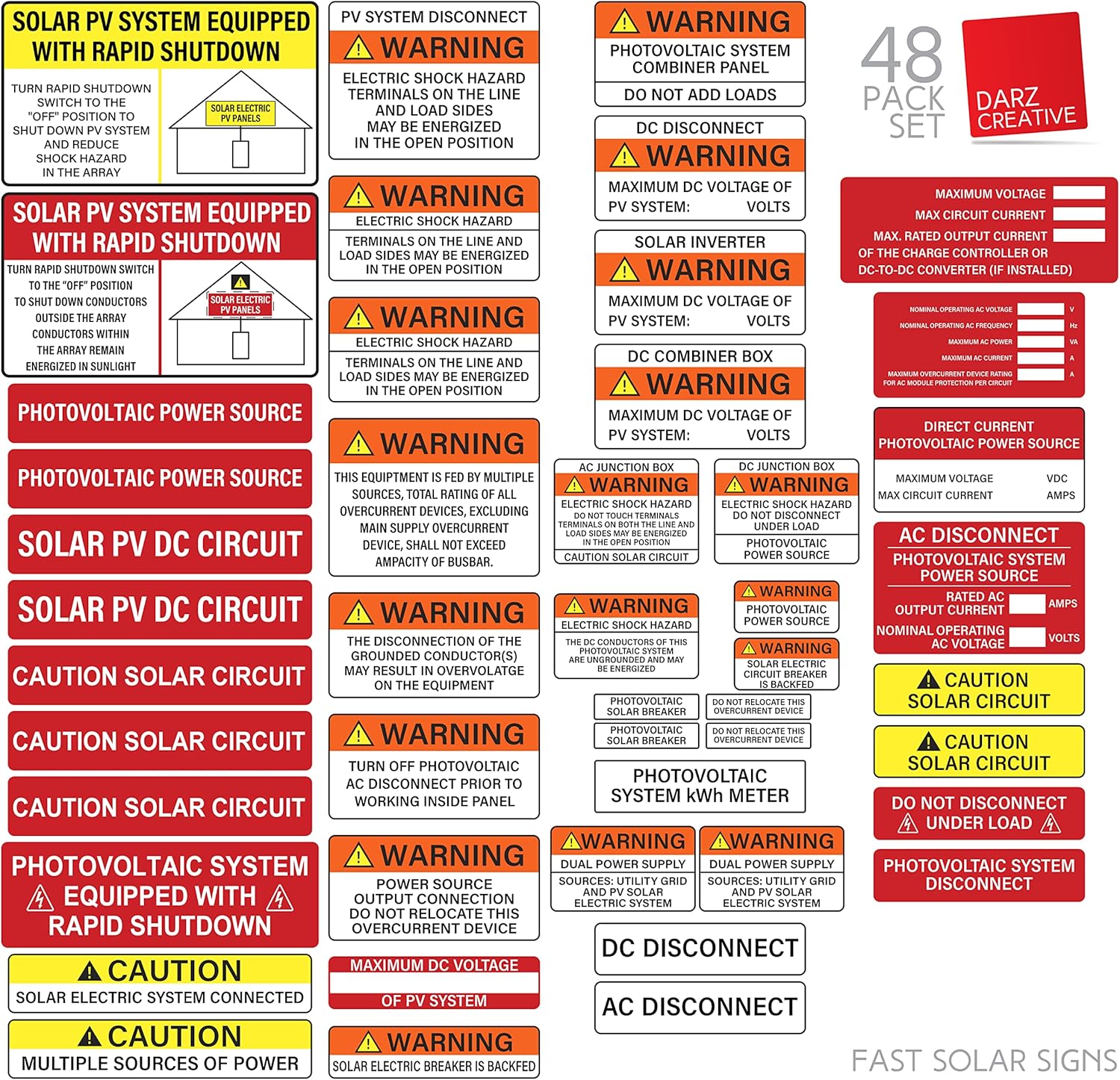 Amazon.com : PV Solar System Install Label Kit | 48 Pack | NEC 2020 ...