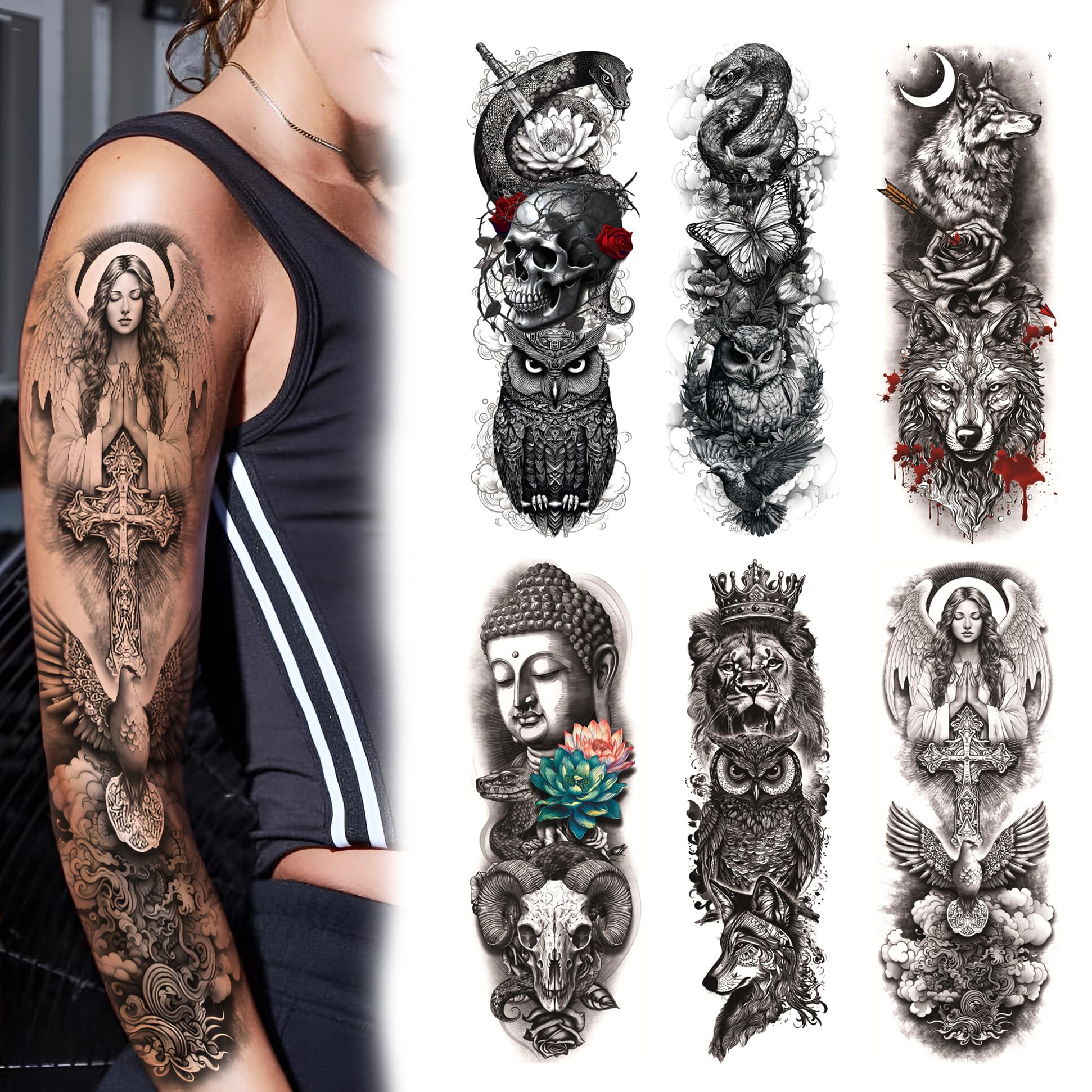 Amazon.com : 6 Sheets Full Arm Temporary Tattoos for Men - Realistic ...