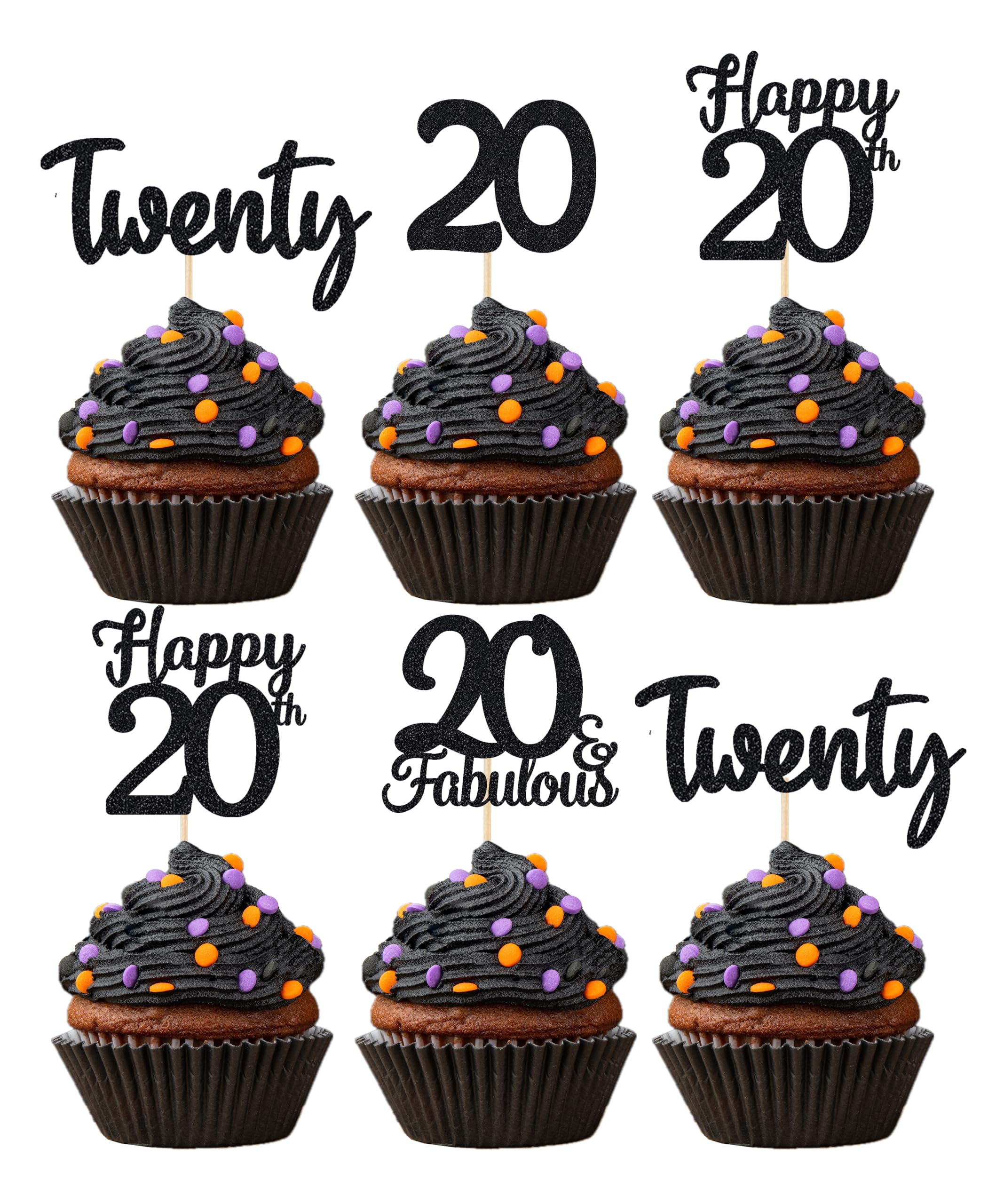 24 Pcs 20 Birthday Cupcake Toppers -BLACK Glitter, Twenty Cupcake ...