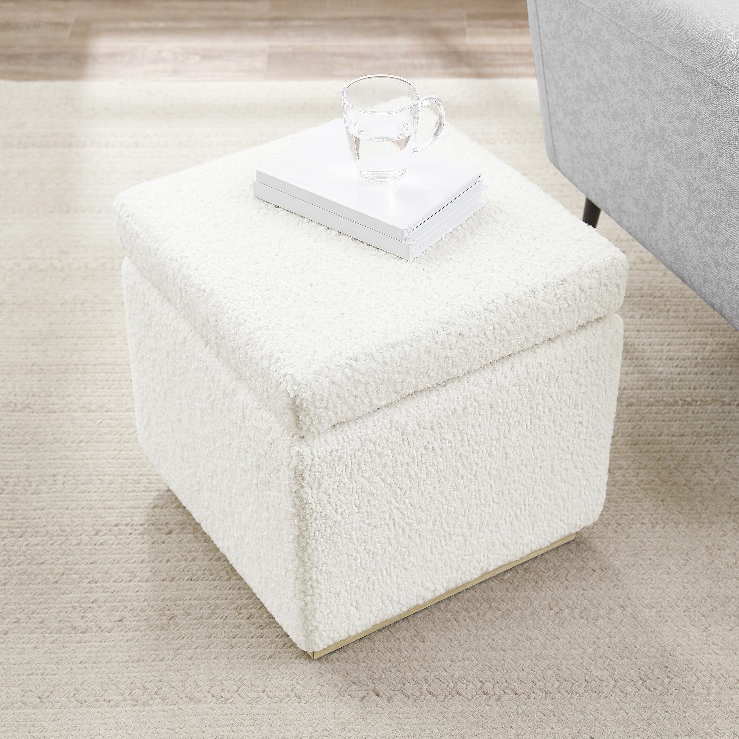 Linon Cream Lexington Sherpa Upholstered Square Storage Ottoman with ...