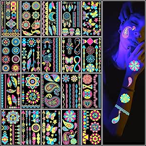 ACWOO Neon Temporary Tattoos, 20PCS 200+ Multiple Designs Glow in the ...