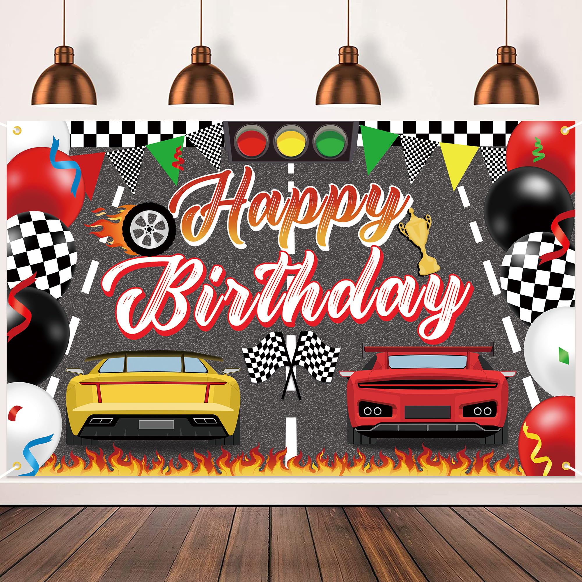 Amazon.com: Racing Cars Happy Birthday Decorations Backdrop Banner ...