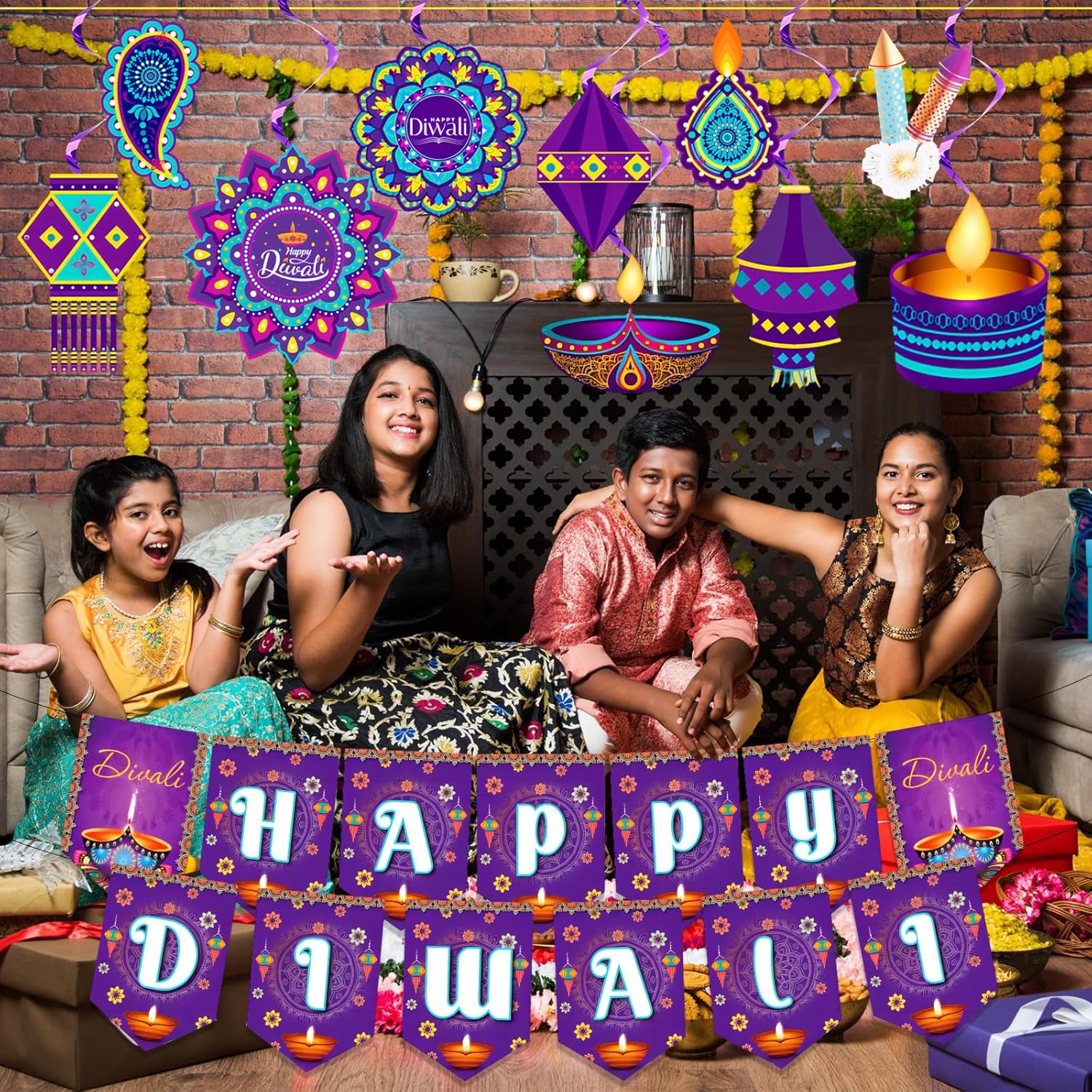 Yunlly 42 piezas de decoración Diwali Happy Diwali Banner de papel ...