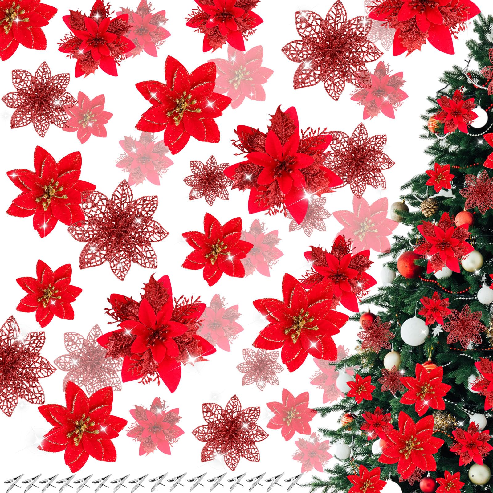 Zeyune 48 Pcs Christmas Flowers Glitter Poinsettia Flower, 3, 4, 6 Inch ...