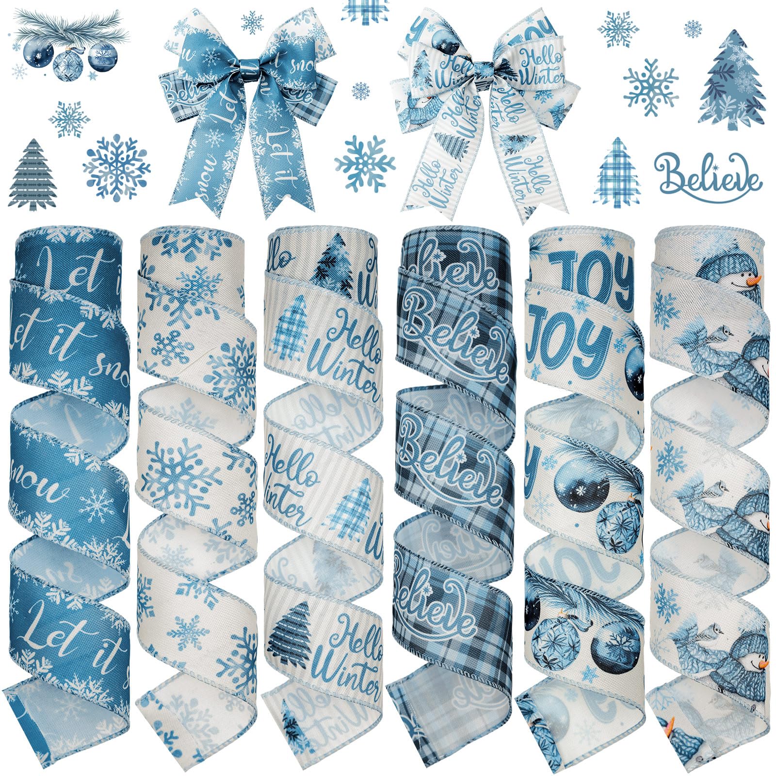 Amazon.com: Chitidr 6 Rolls 30 Yards Winter Wired Ribbon 2 Inch Blue ...