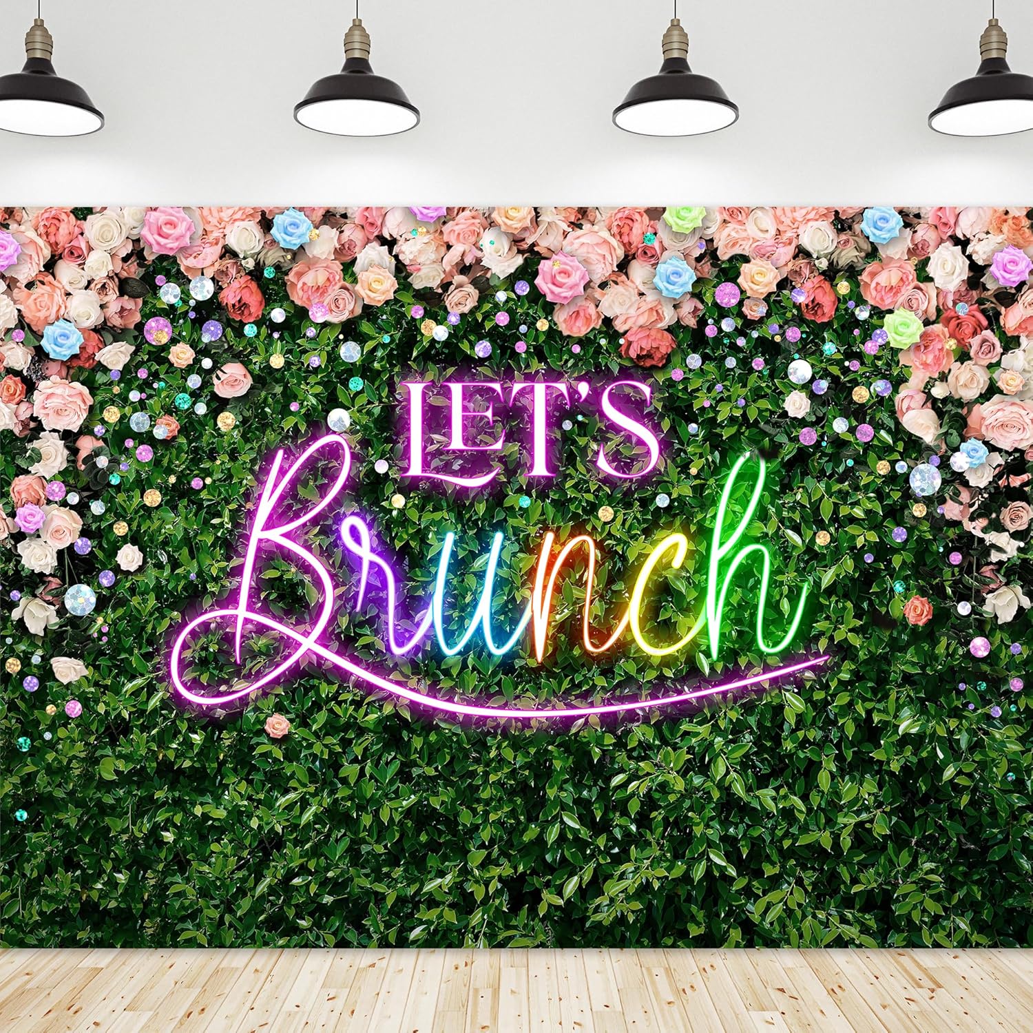 Amazon.com : Riyidecor Green Leaves Let's Brunch Backdrop Polyester ...