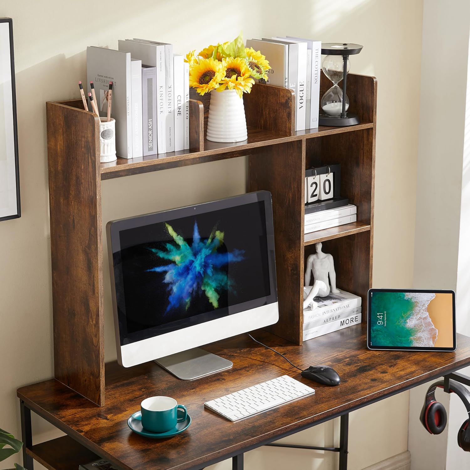 Desktop Bookshelf, Wooden Desk Storage Hutch with 5 Shelves for ...