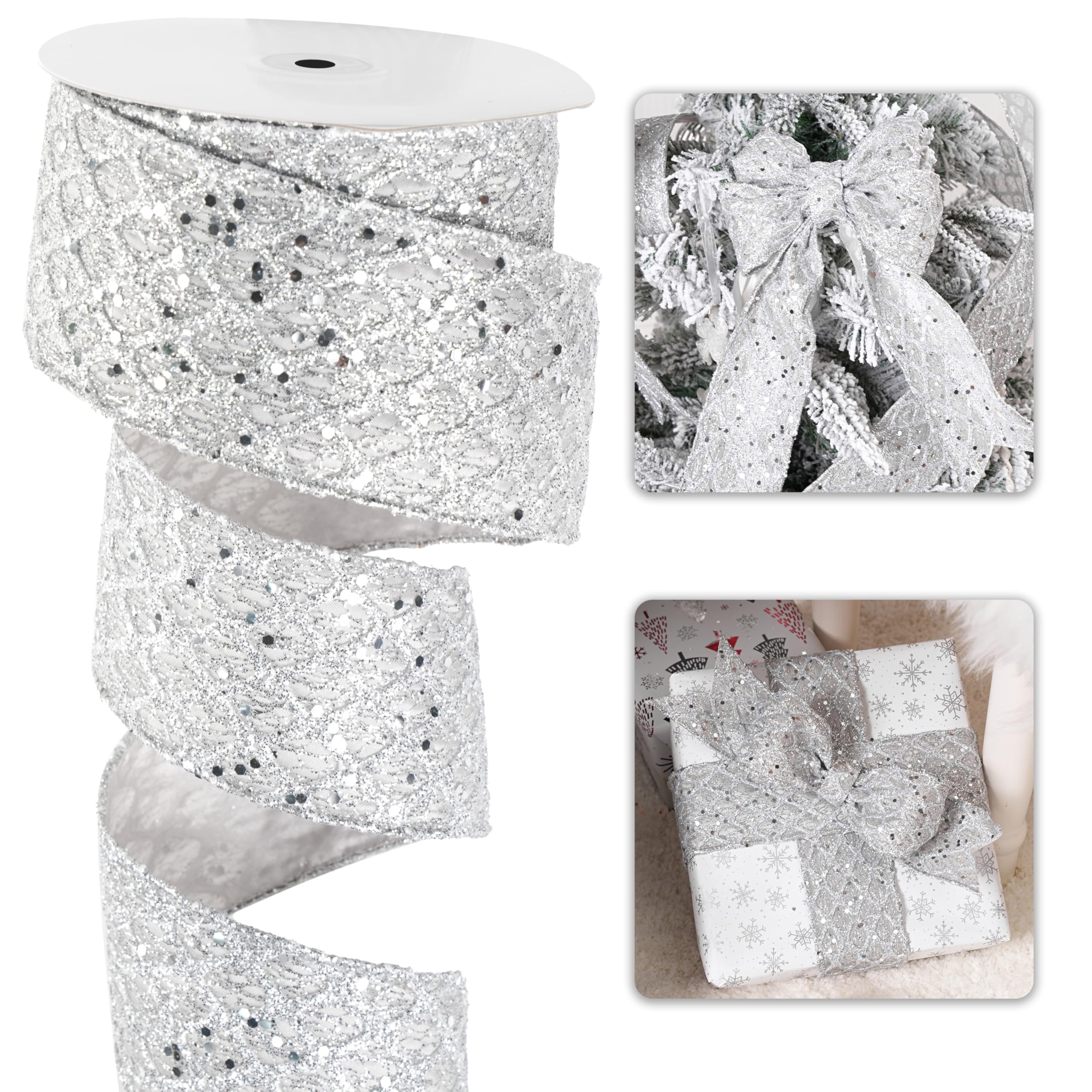 Amazon.com: LIZLOVESS Silver Christmas Ribbon 2.5" Glitter Mesh Wired ...