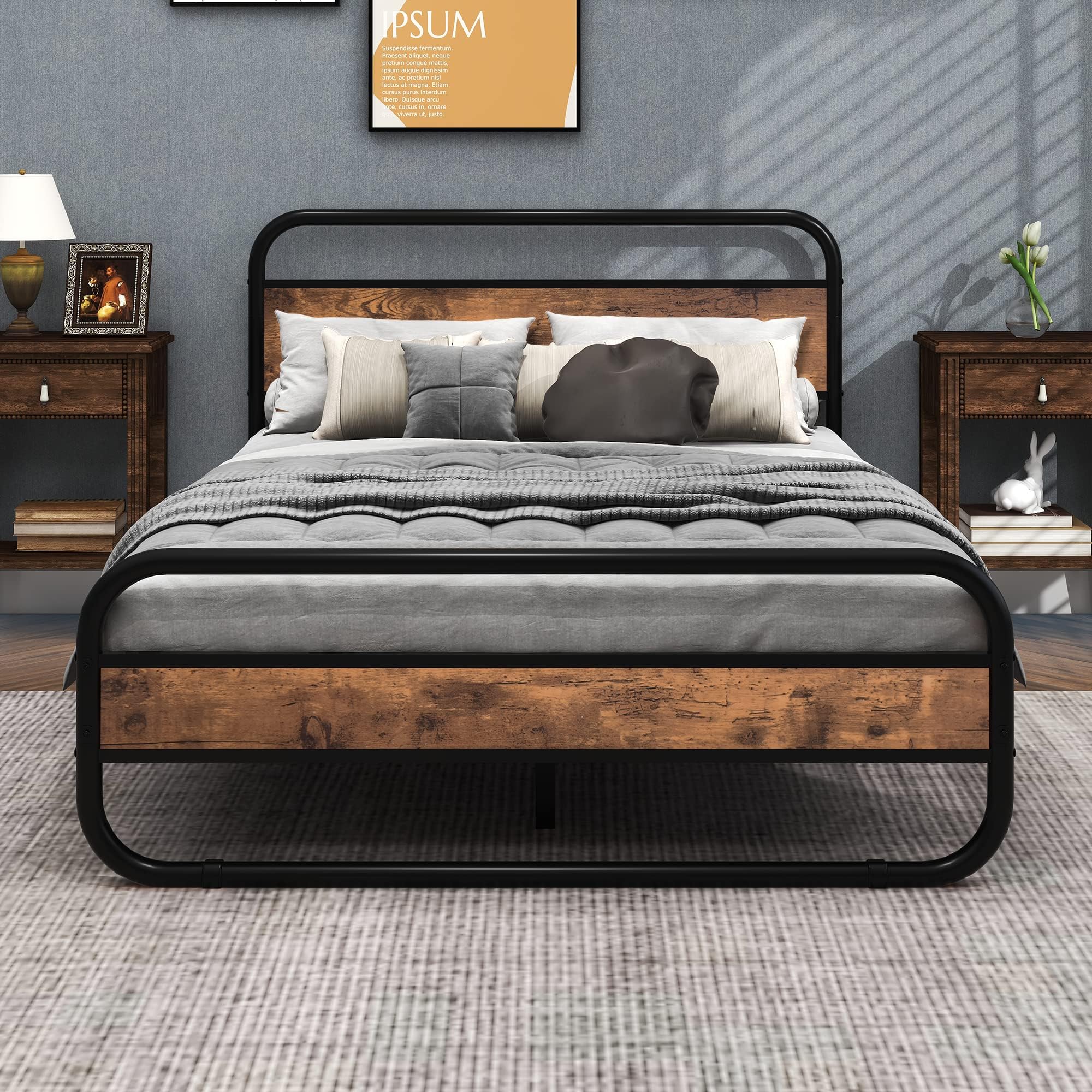 Diahomy Double Bed Metal Platform Bed Frame with Wood Headboard ...