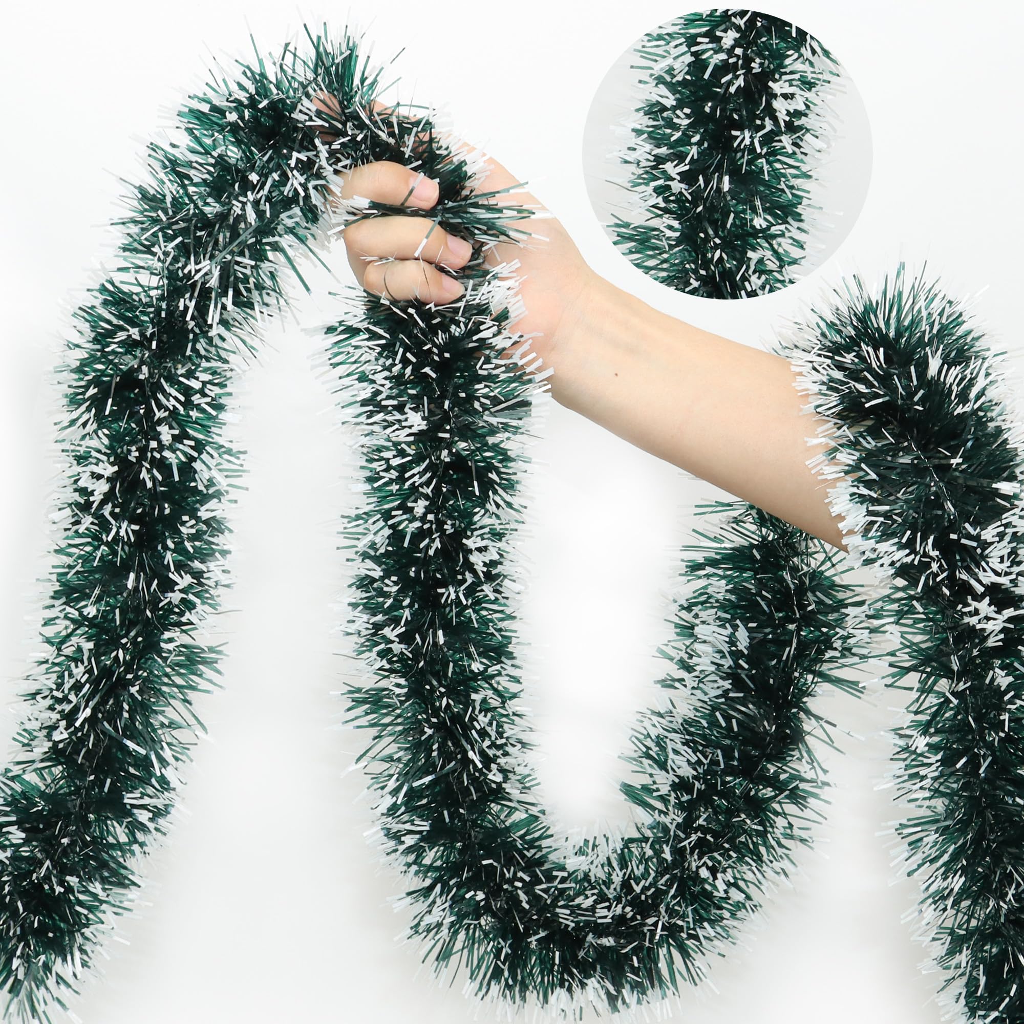 Amazon.com: 50 Feet Green White Christmas Tinsel Garland Metallic Twist ...