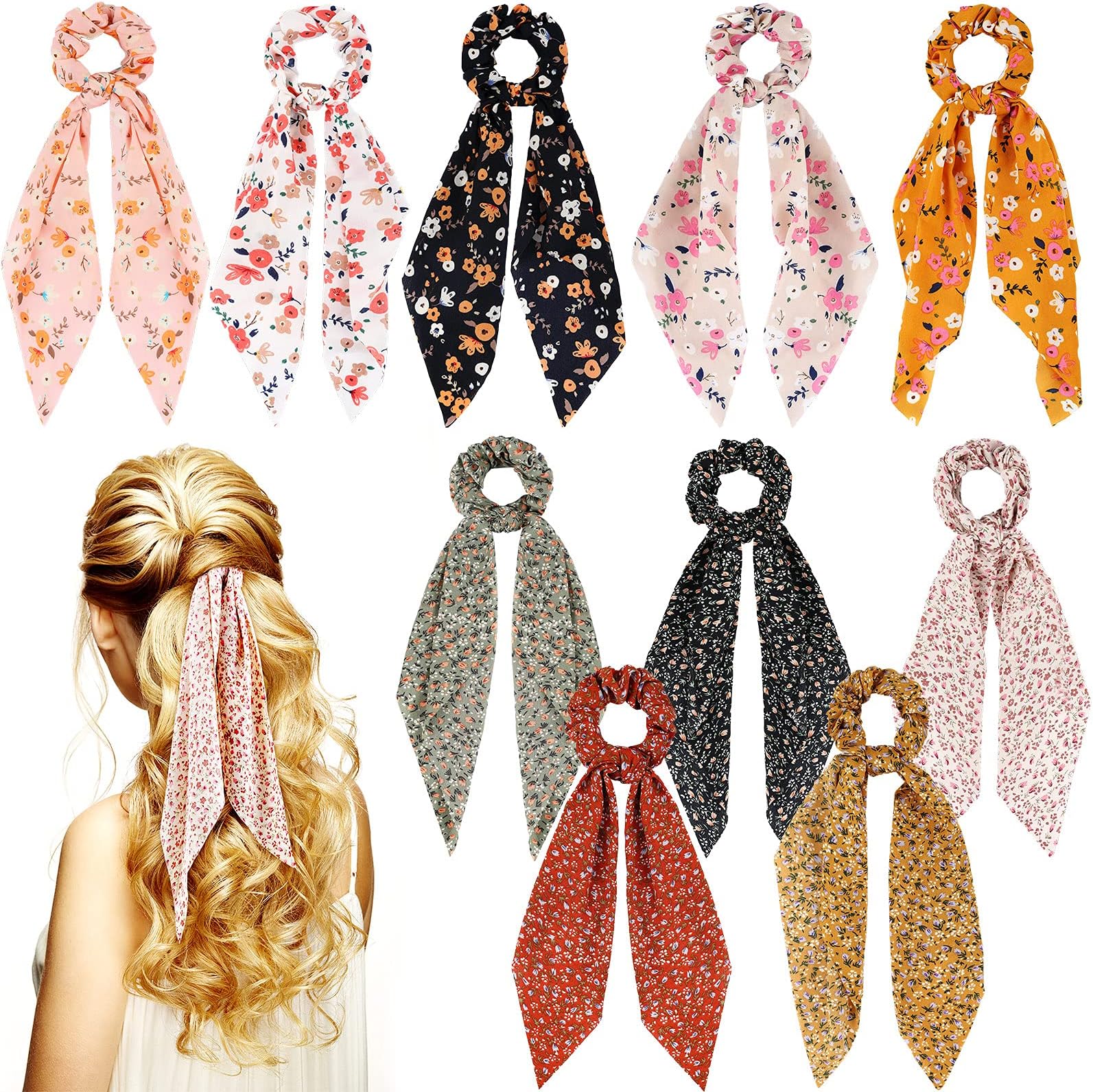 Amazon.com : 5 Pcs Floral Hair Scarf Scrunchies Bowknot hair ribbons ...
