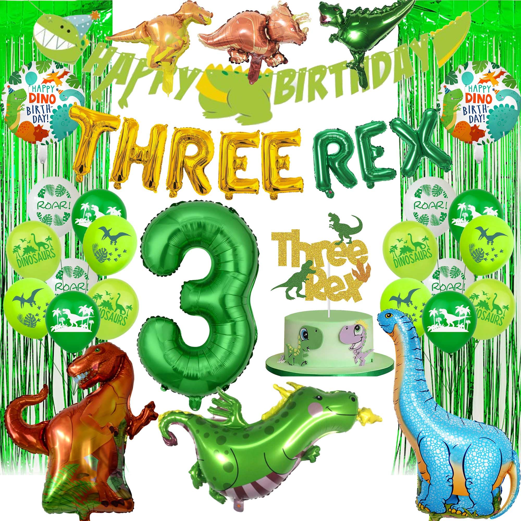 Dinosaur 3rd Birthday Decorations, Green Happy Birthday Banner Three ...