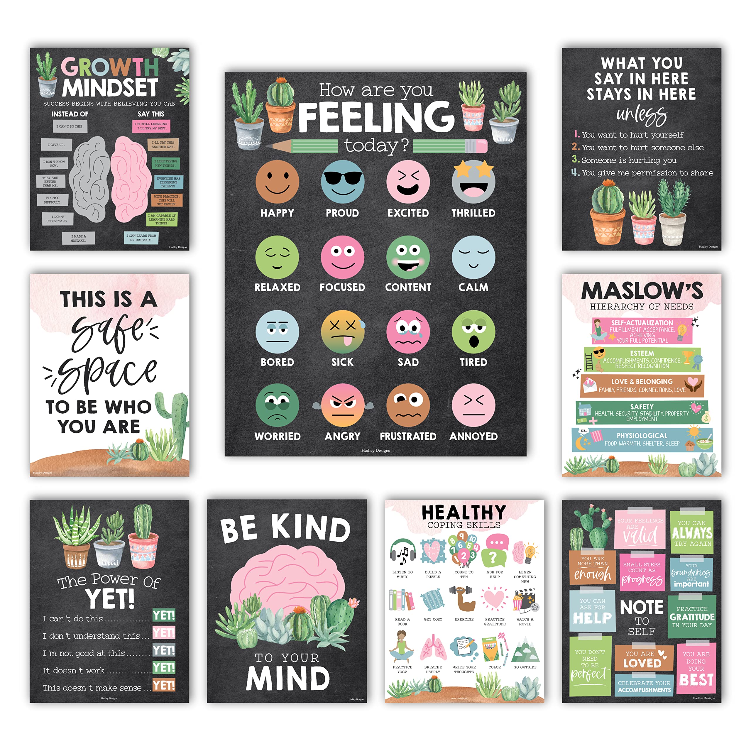 Amazon.com: Hadley Designs 9 Cactus Mental Health Posters For Classroom ...