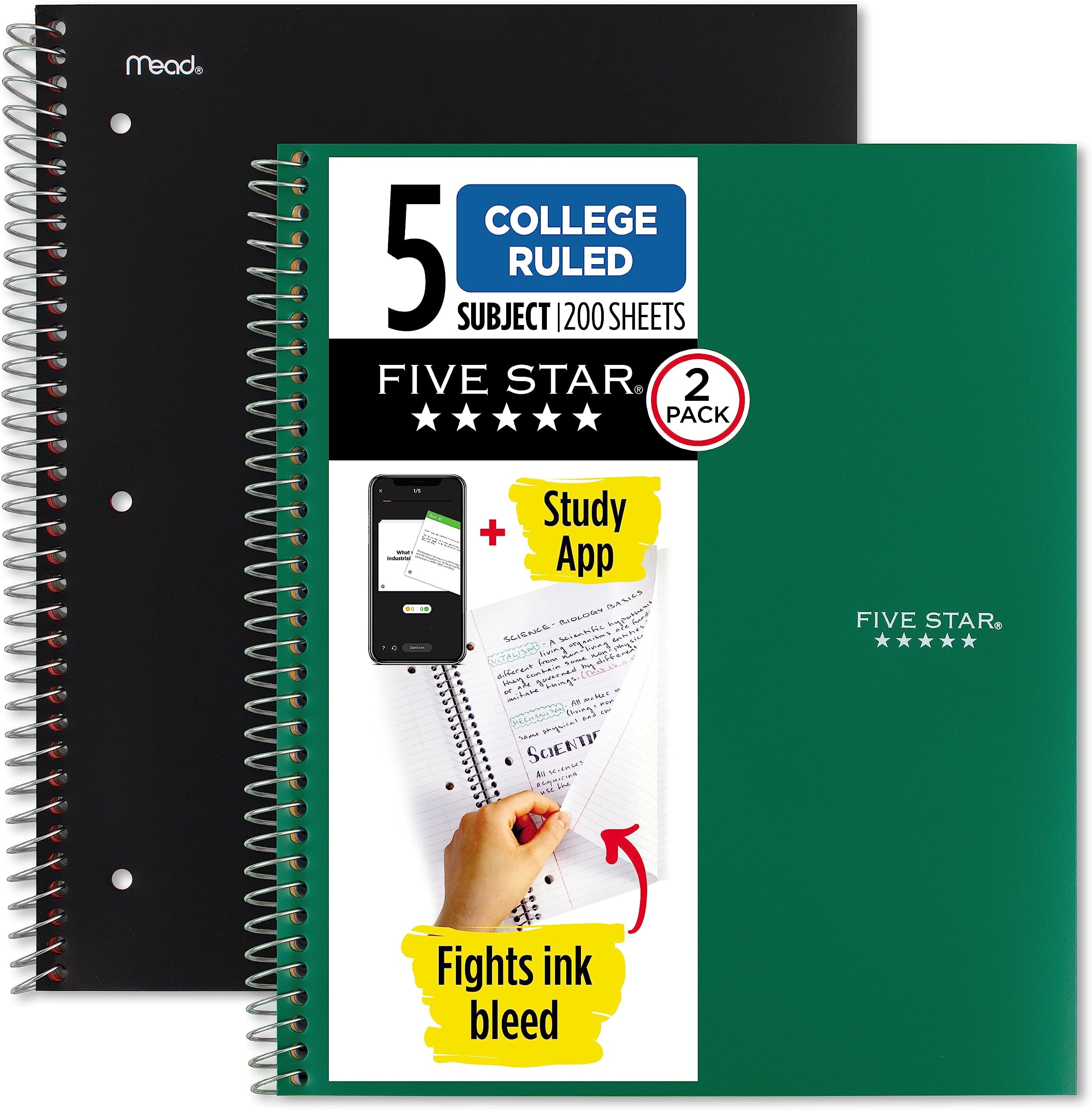 Five Star Spiral Notebooks + Study App, 2 Pack, 5 Subject, College ...