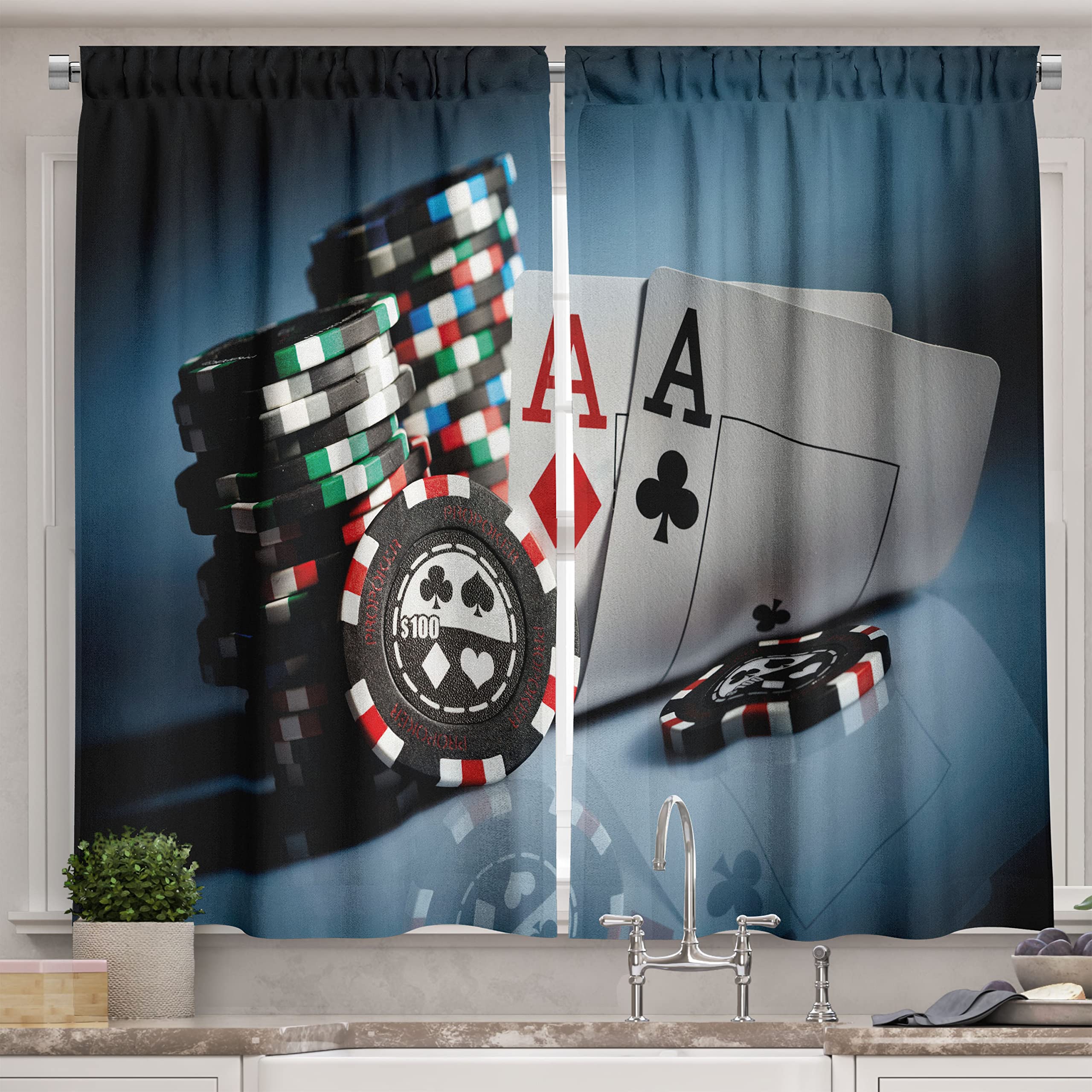 Ambesonne Poker Tournament Kitchen Curtains, Gambling Chips and Pair ...