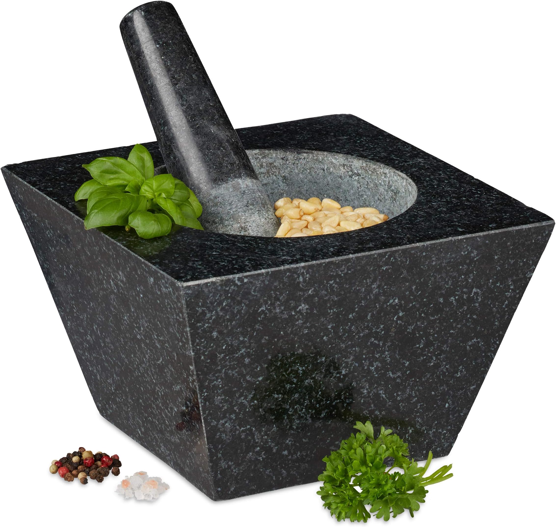 Relaxdays Mortier carré en granit avec pilon, robuste, épices, herbes ...