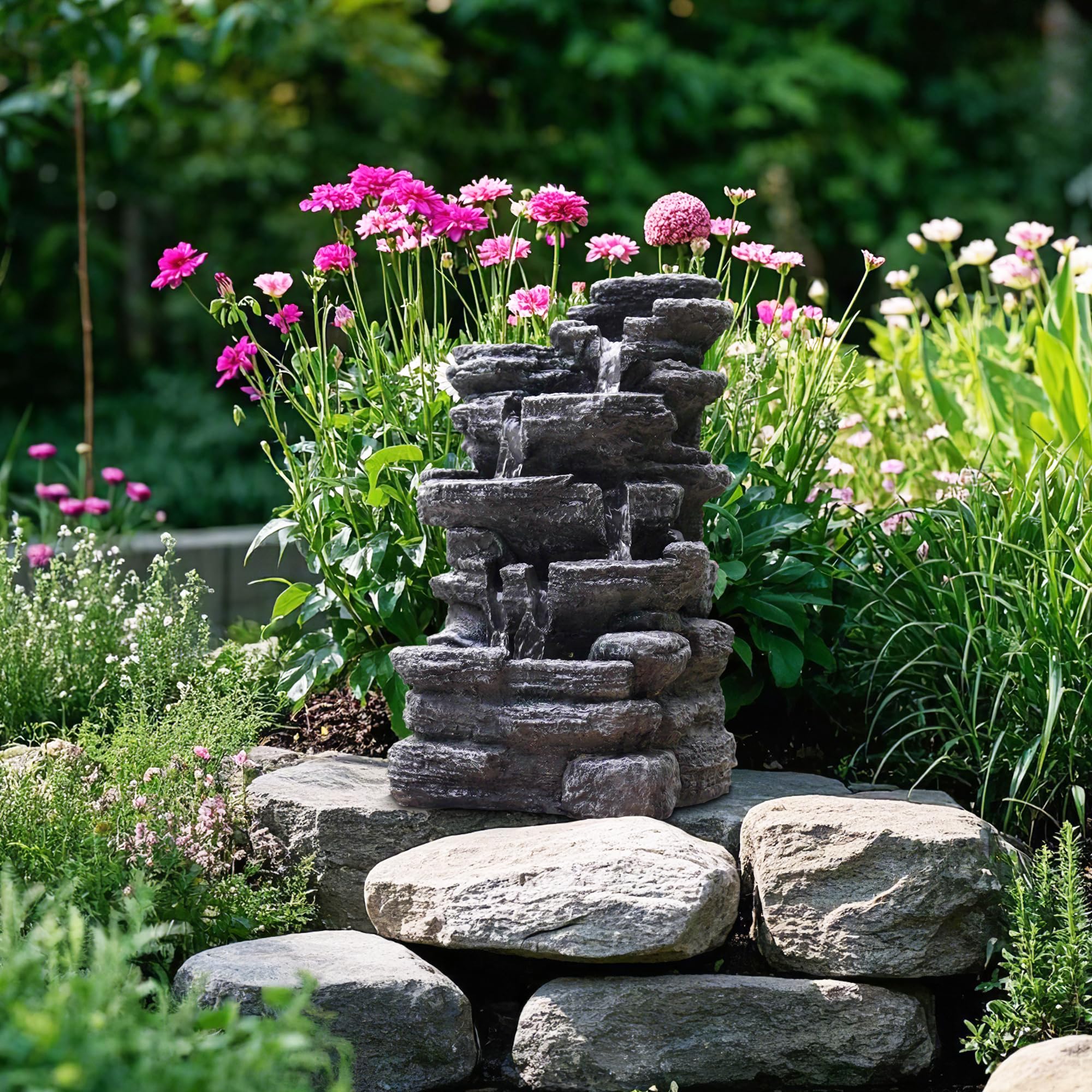 Resin Fountain With Planter Top 5-Tier Stacked Stone With LED Lights ...