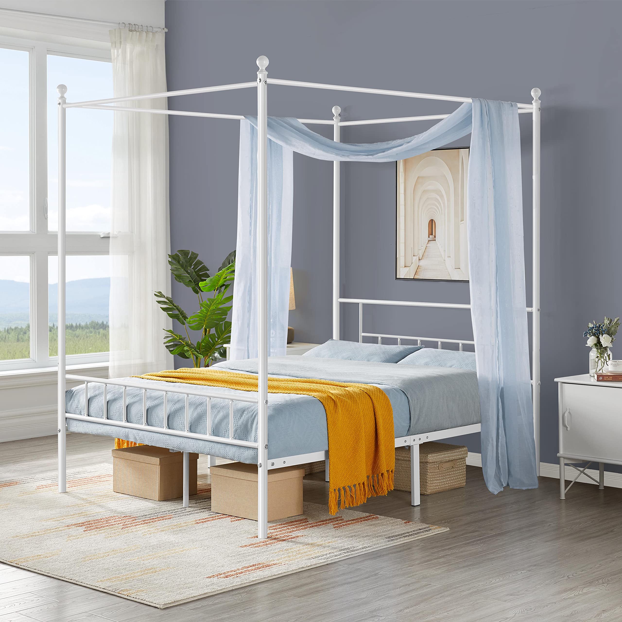 Yaheetech Metal Canopy Platform Bed Frame Four-Poster Canopied Bed ...