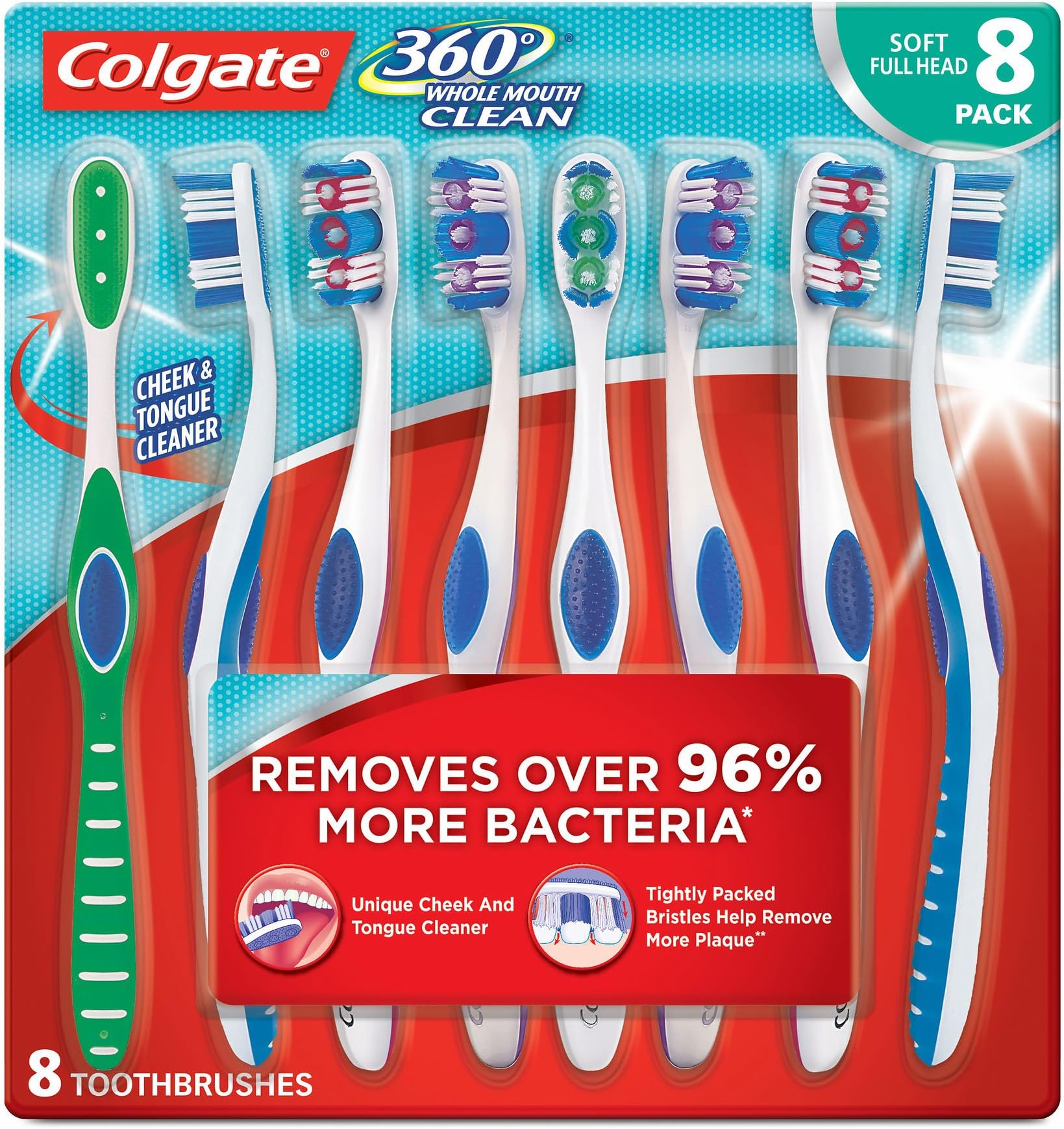 Amazon.com : Colgate 360 Toothbrush with Tongue and Cheek Cleaner, Soft ...