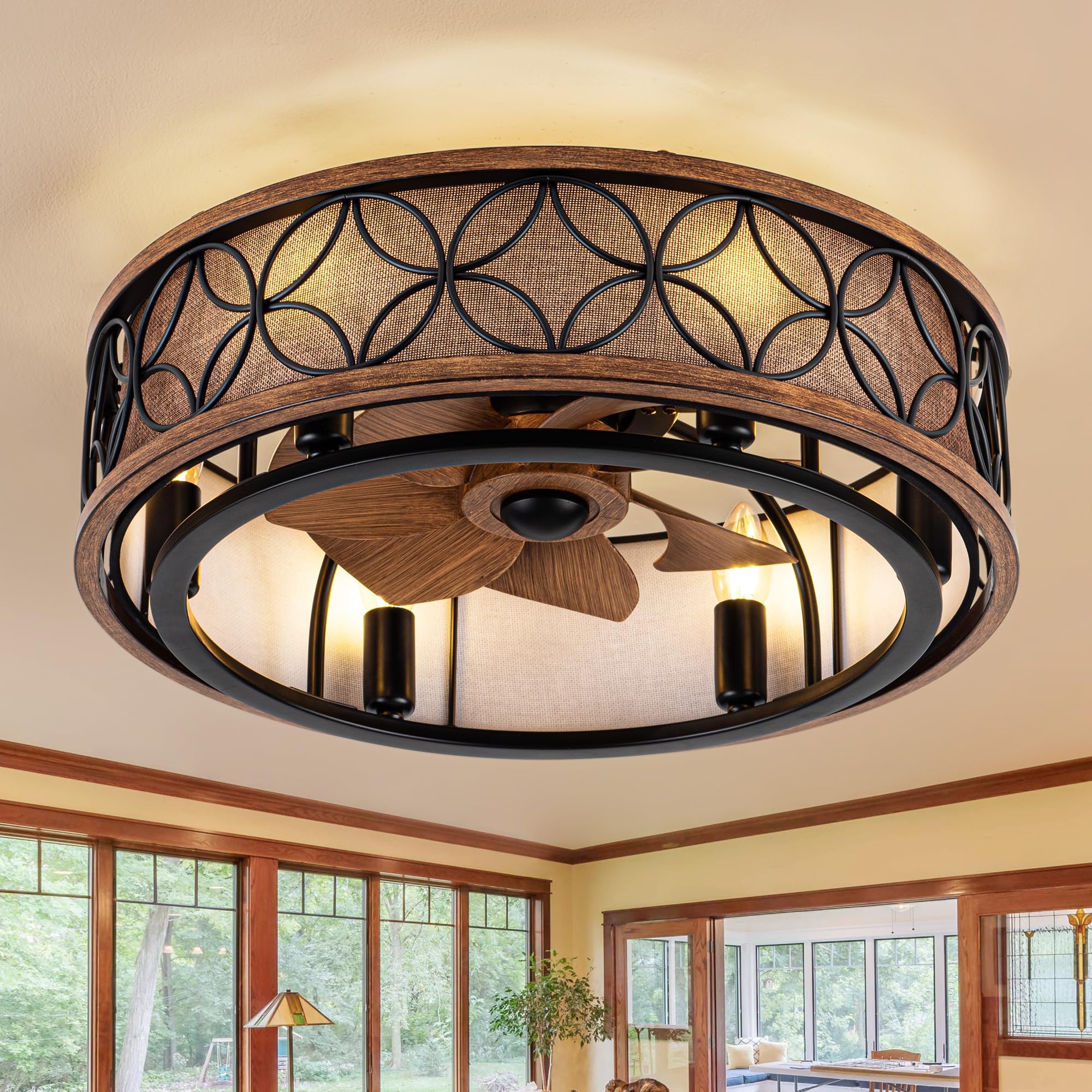 WWM Ceiling Fans with Lights, 20" Flush Mount Caged Farmhouse Ceiling ...