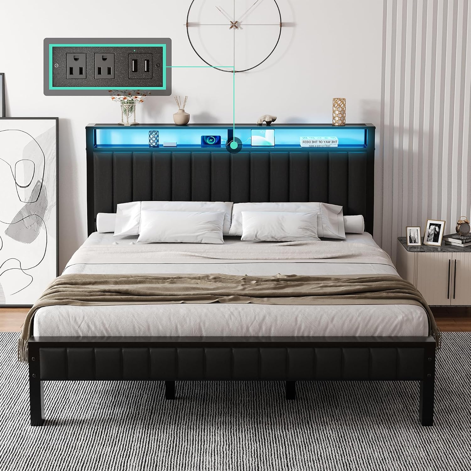 Amazon.com: LUXOAK King Size Bed Frame, LED Platform Bed with Faux ...