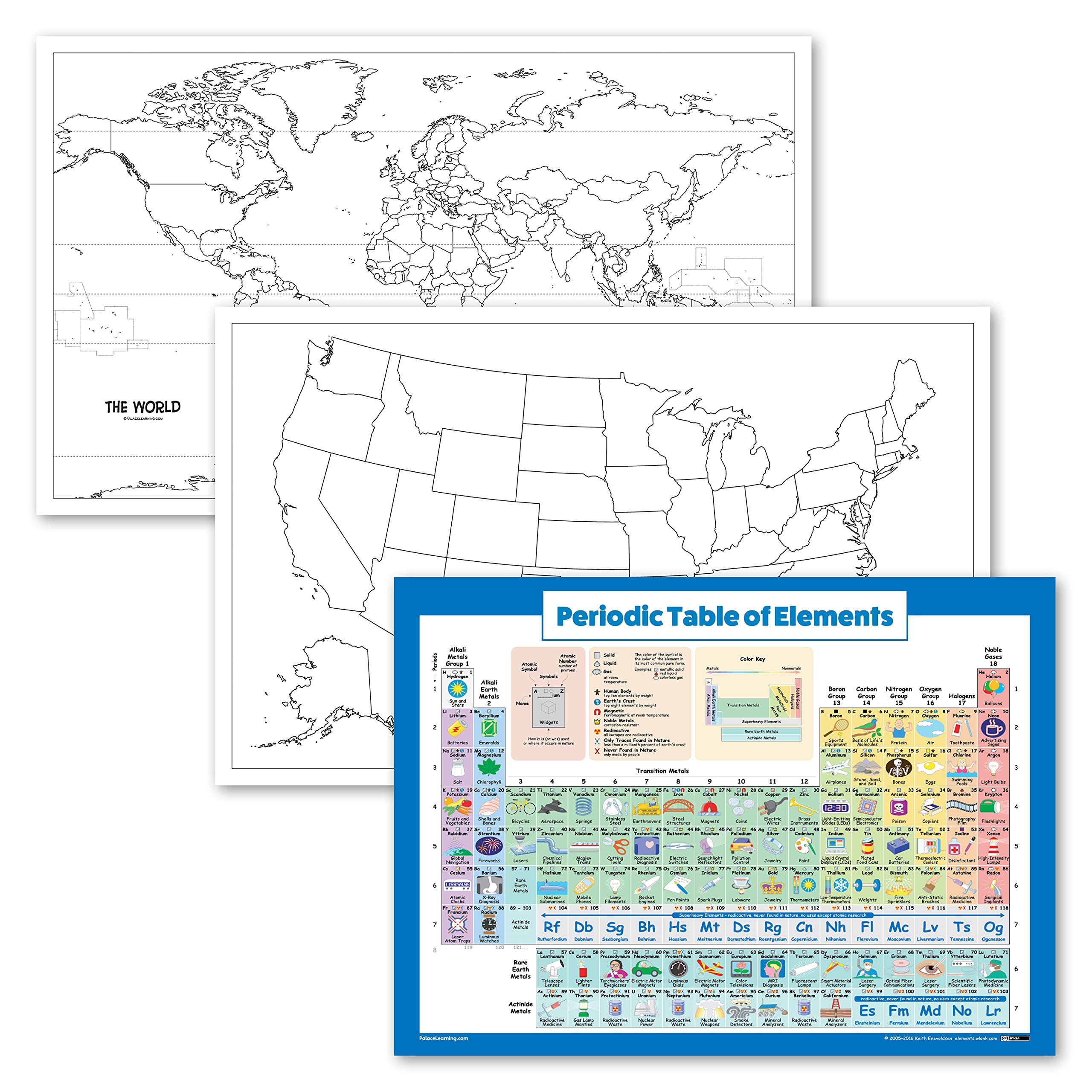 Buy 3 Pack - USA & World Blank Outline s + Illustrated Periodic Table ...