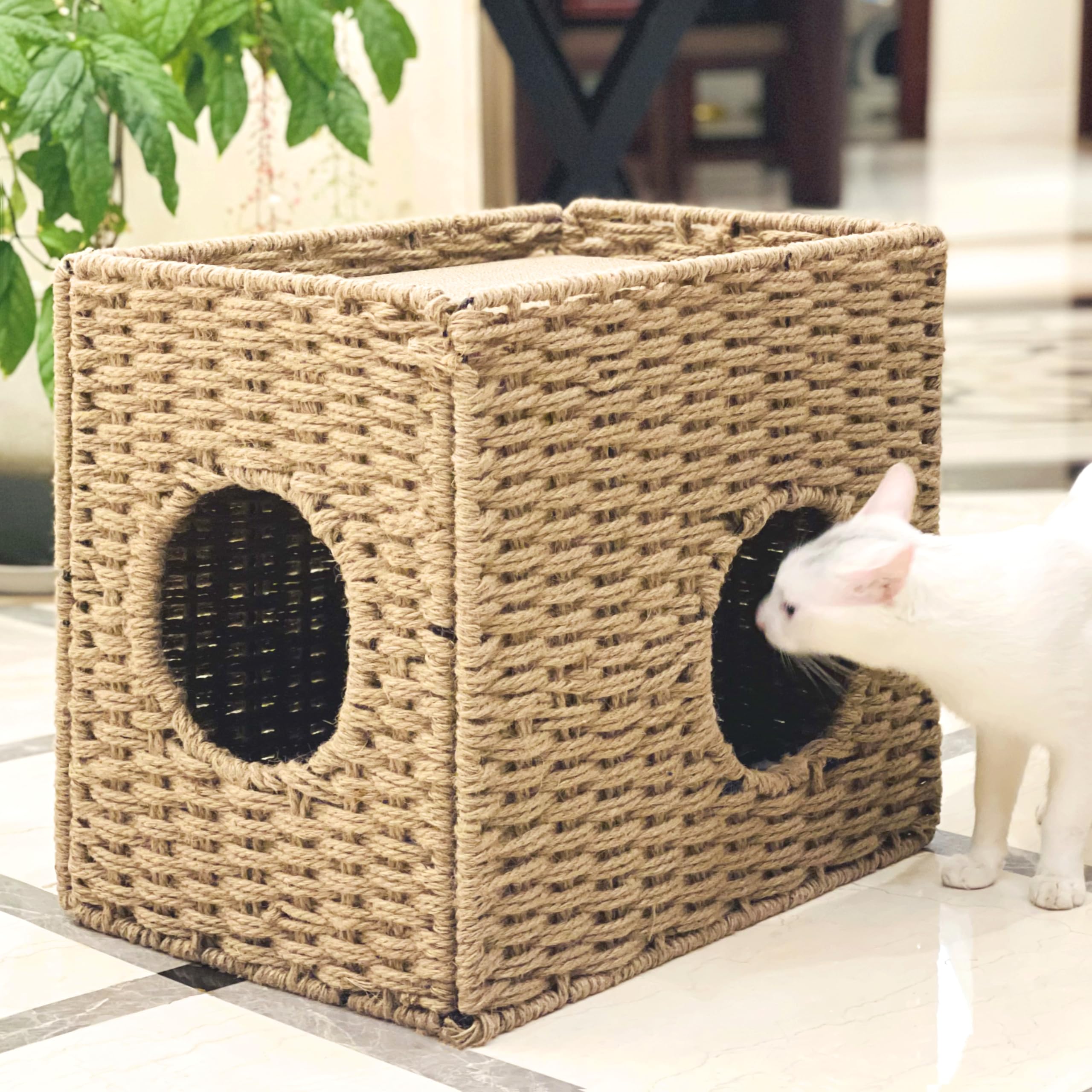 Handwoven Cat House Condo Side Table with Comfy Washable Cushion & 2 ...