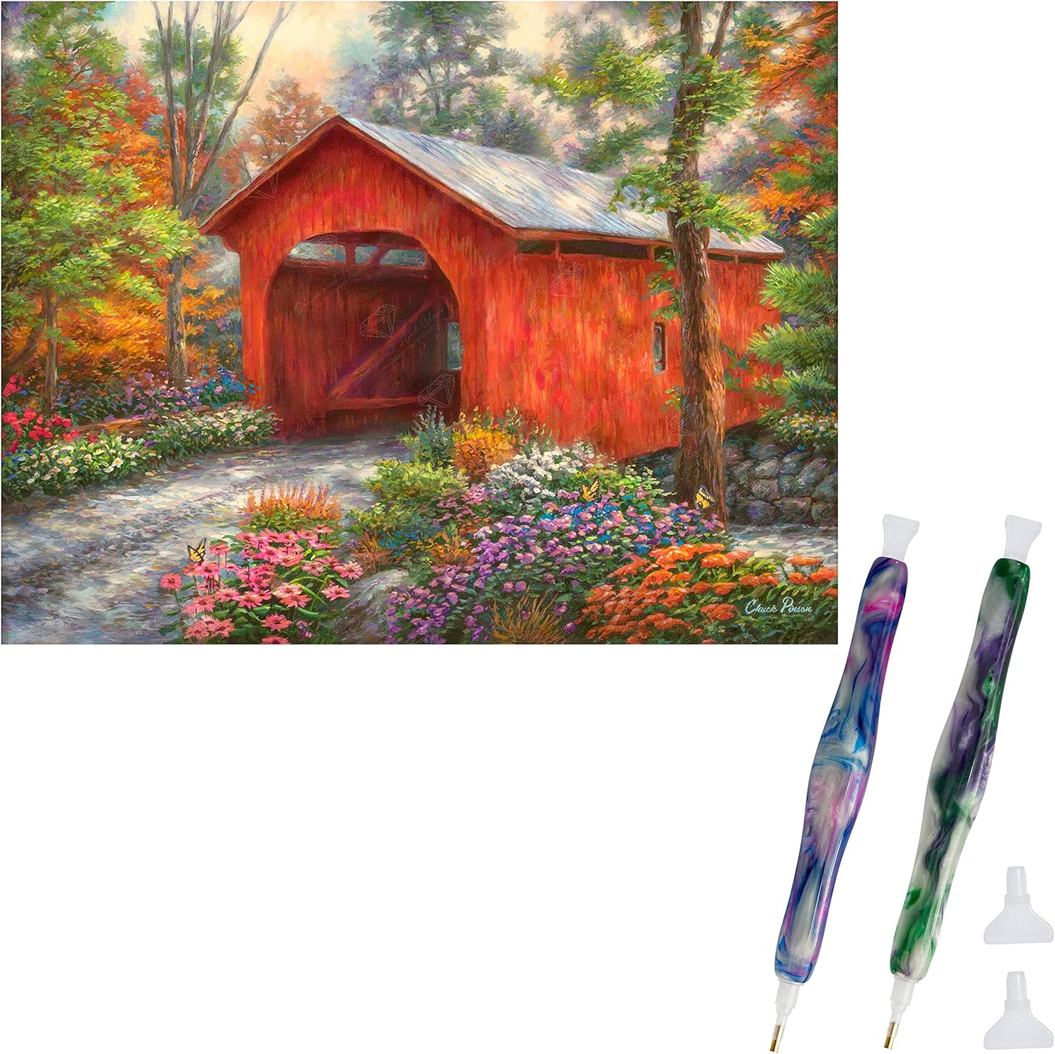 Amazon.com: DIAMOND ART CLUB RED Covered Bridge Landscape Bridge ...