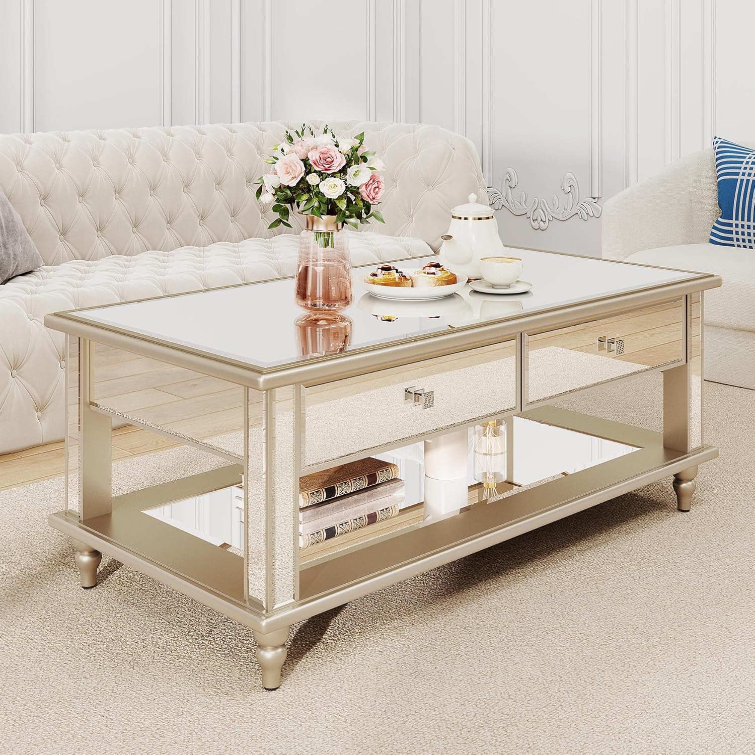 Amazon.com: DWVO 48 Inch Gold Mirrored Coffee Table with 2 Drawers ...