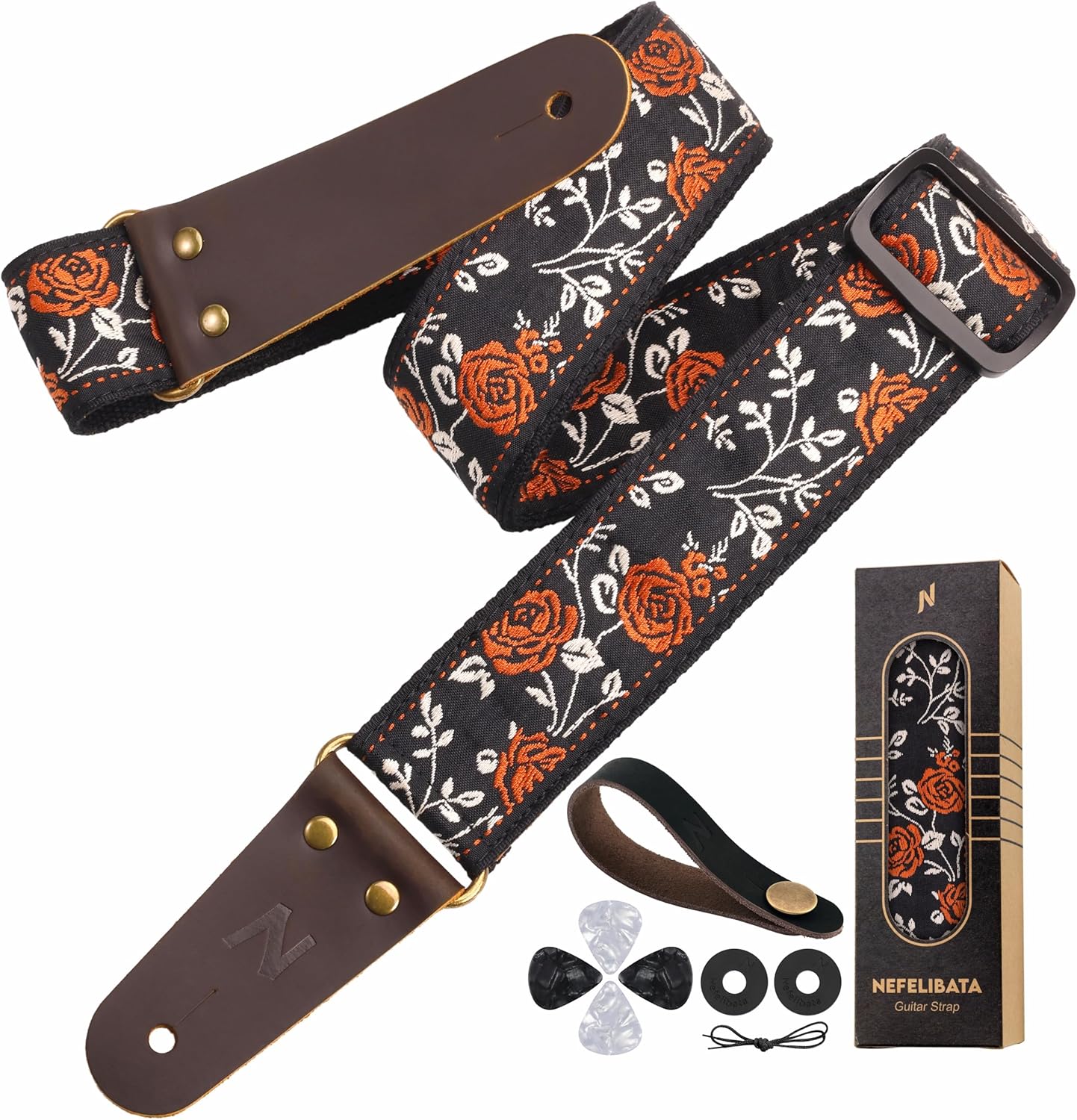 Amazon.com: Nefelibata Guitar Strap 2" Embroidery Full Grain Leather ...
