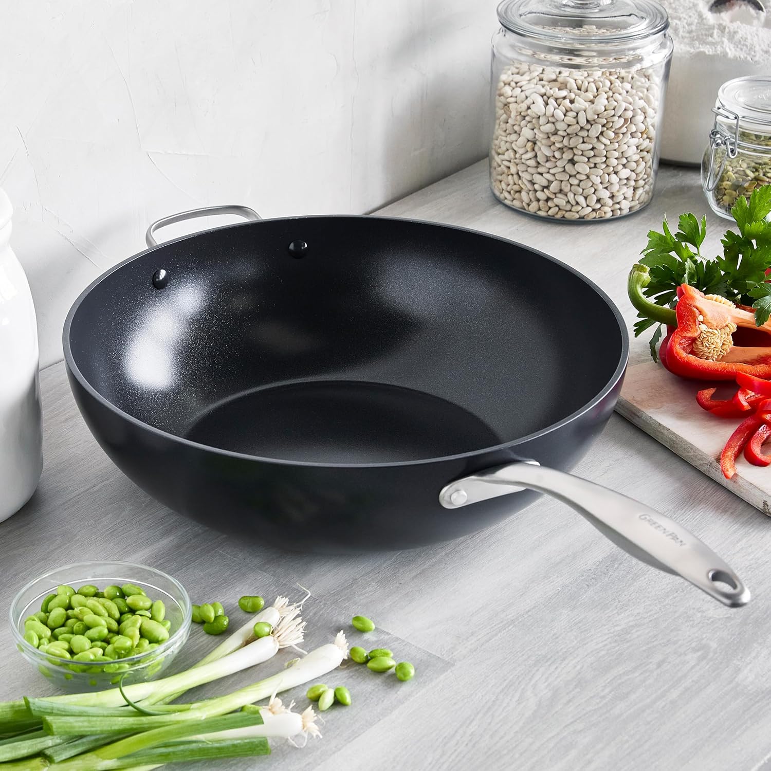 GreenPan Wok anodizado duro listo para inducción de 14.1 pulgadas ...