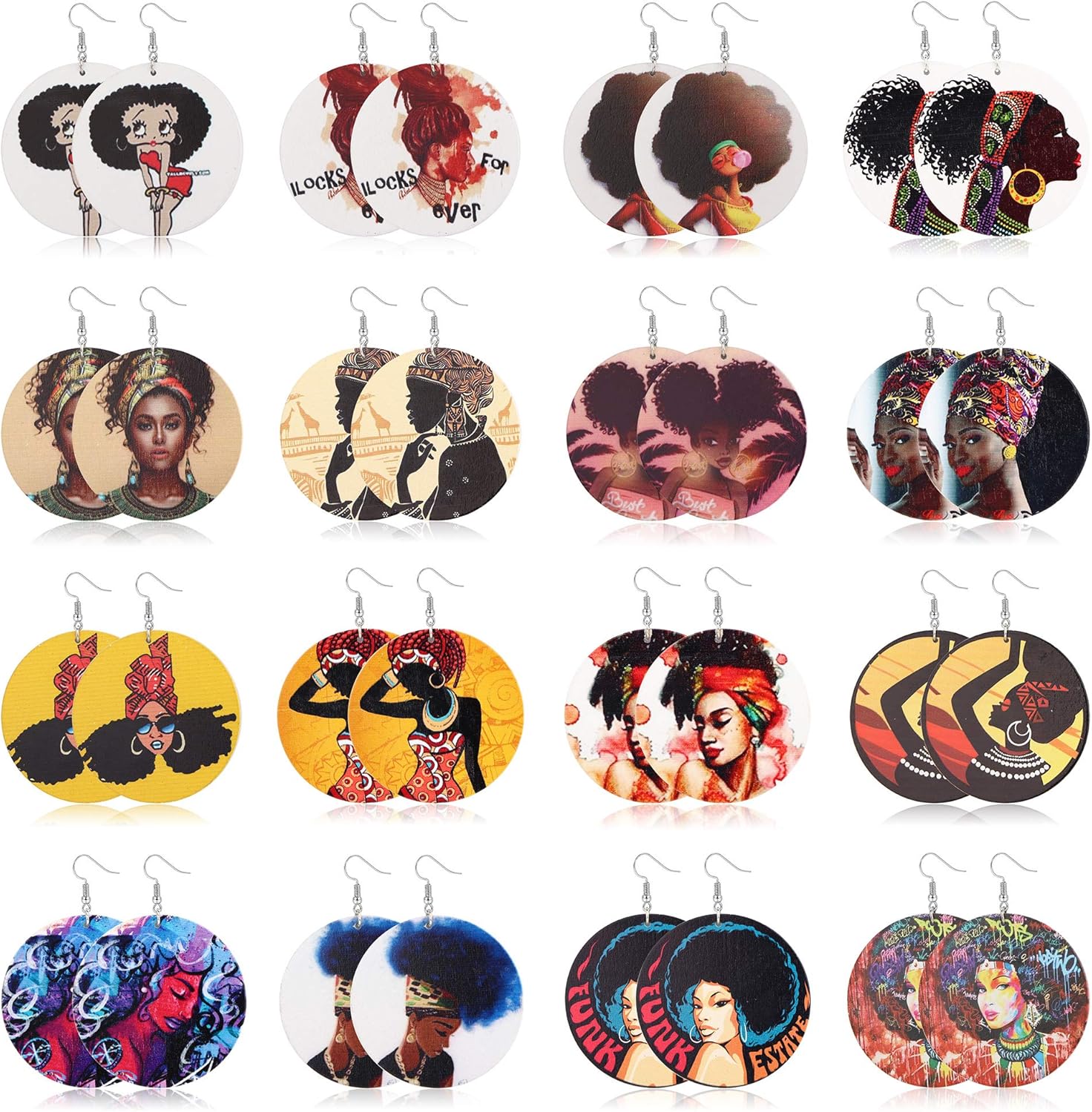 Amazon.com: 16 Pair Round African Women Earrings Wooden Painted Ethnic ...