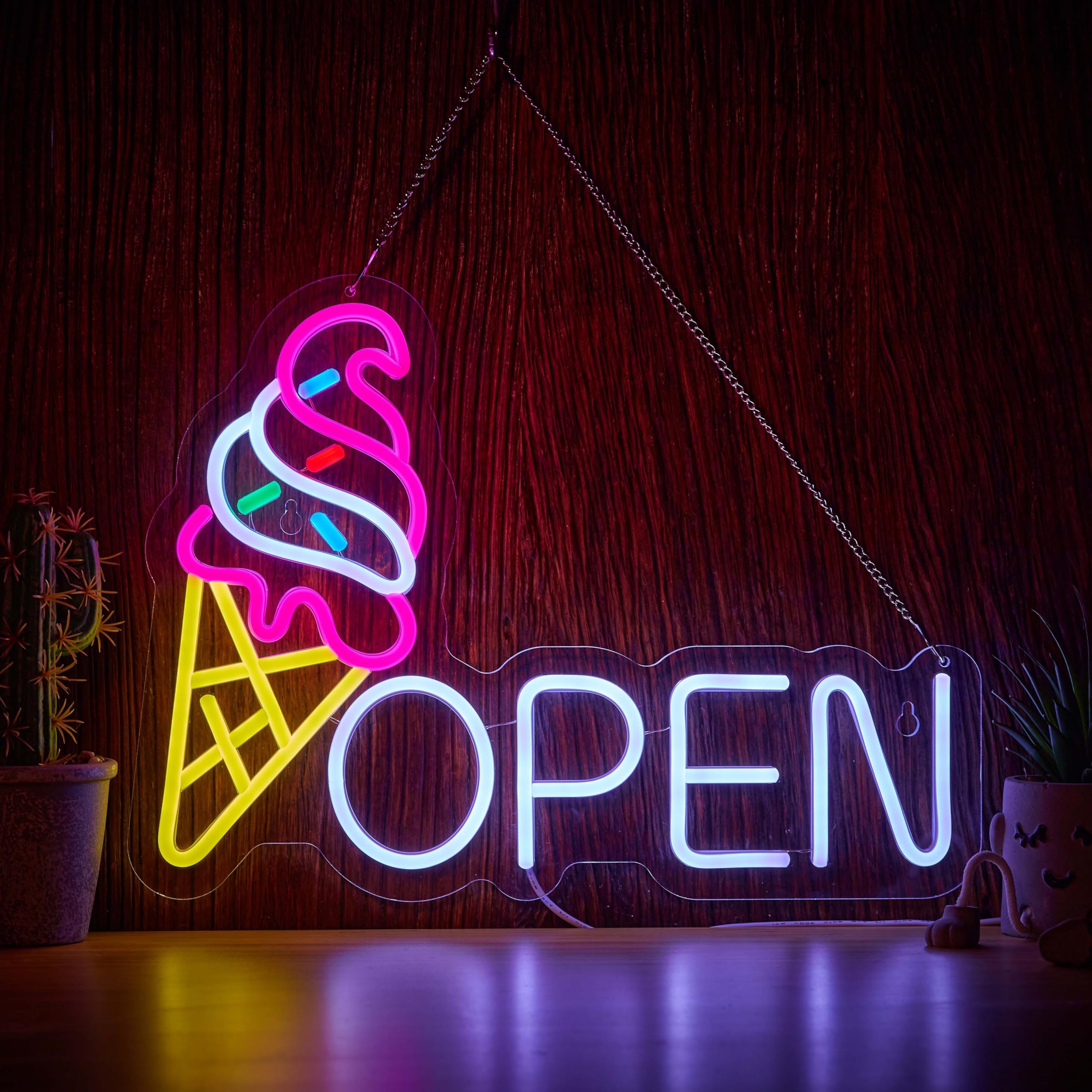 Amazon.com: Large Open Ice Cream Cone Yogurt Signs Led Neon Business ...
