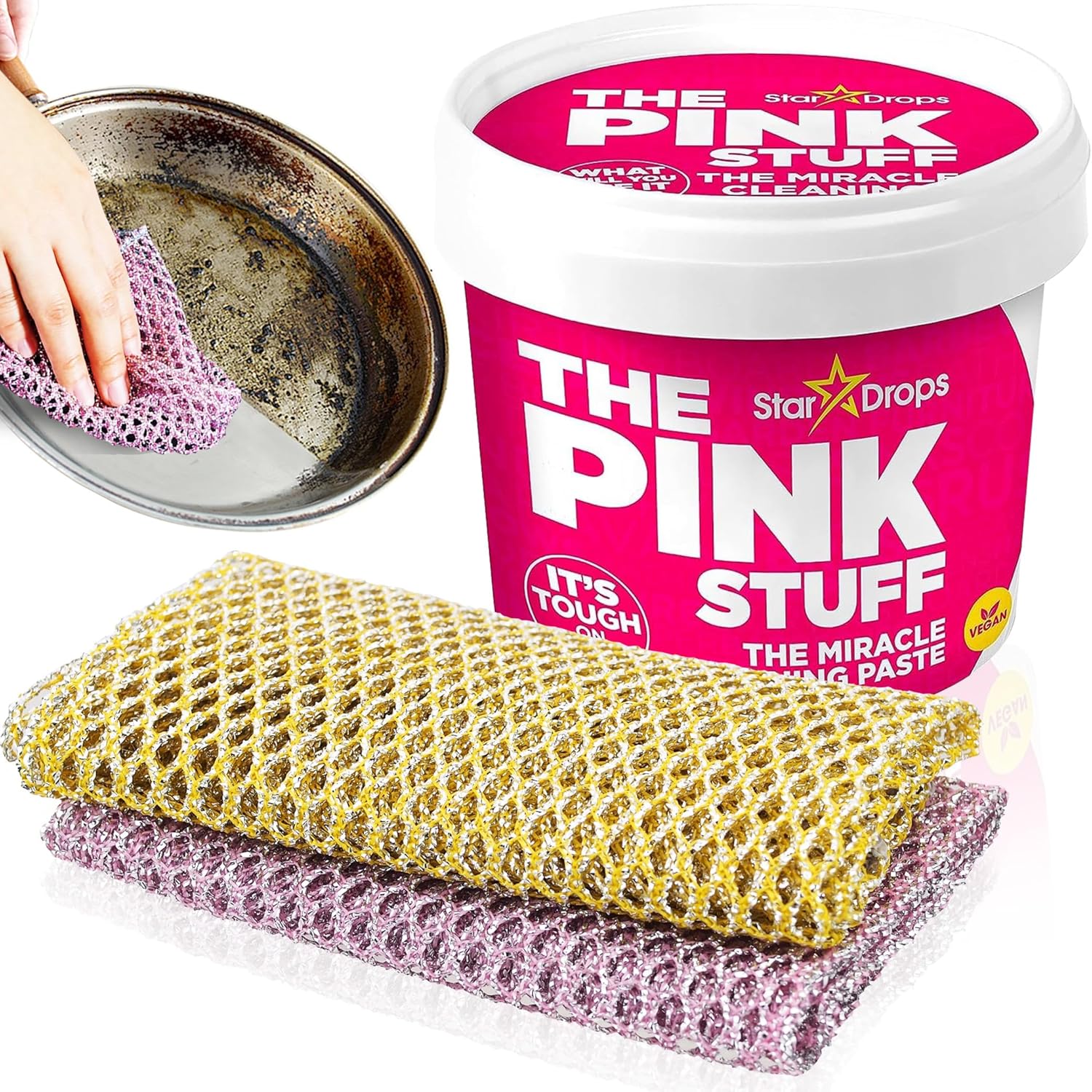 The Crown Choice Non Scratch Scouring Cloth and The Pink Stuff Cleaner