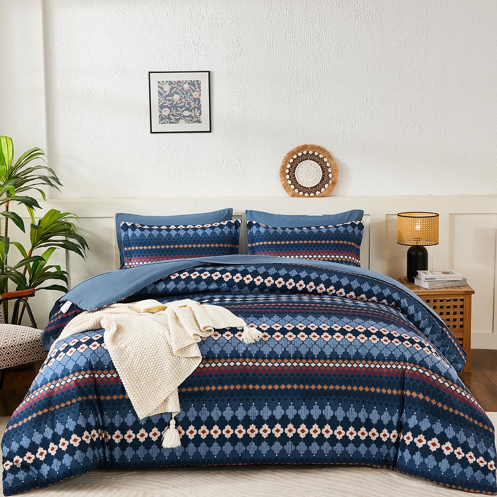 Amazon.com: Dobuyly Blue Comforter Set Queen Size 7 Piece, Boho Stripe ...