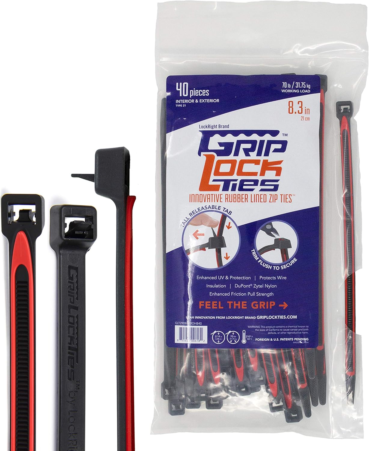 Rubber Lined, Releasable, Heavy-Duty Zip Ties, UV Rated, 8 Inch ...