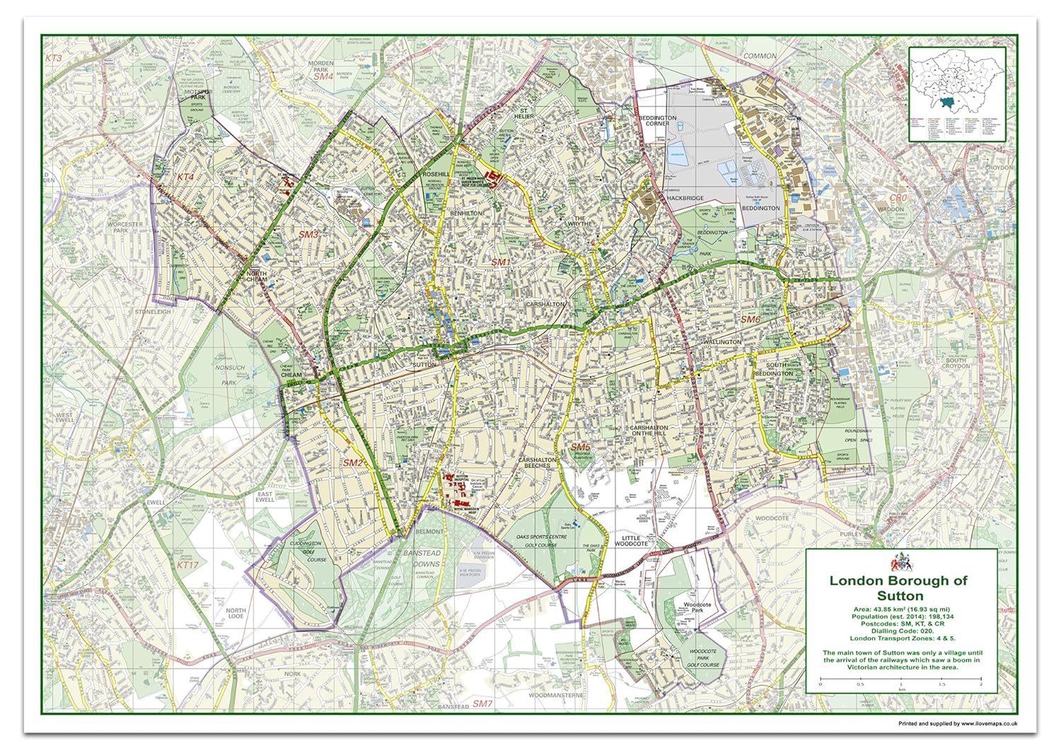 London Borough Map - Sutton - Size A0-84.1 x 118.9cm - Paper Laminated ...
