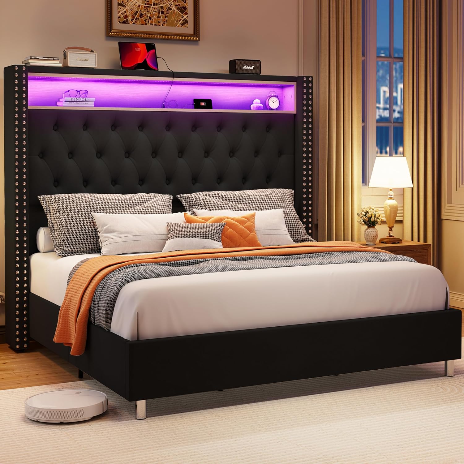 Bed Frame Queen LED Bed with 52.8" Tall Storage Headboard, Velvet Bed ...