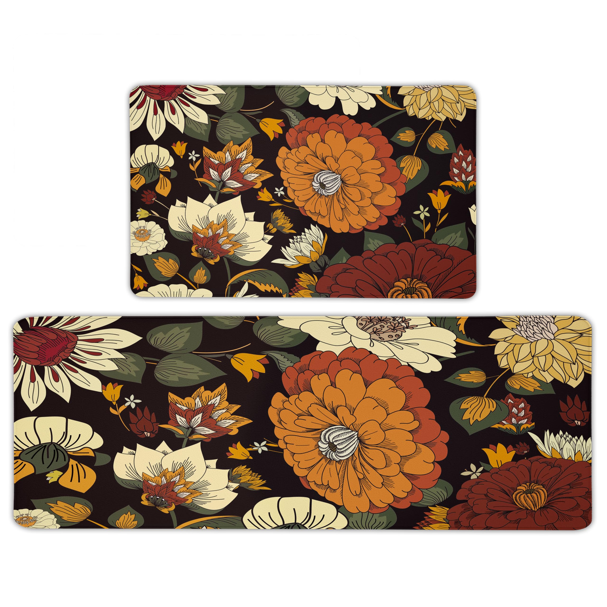 Amazon.com: Tyrot Black Boho Floral Kitchen Rugs Sets of 2 Anti Fatigue ...