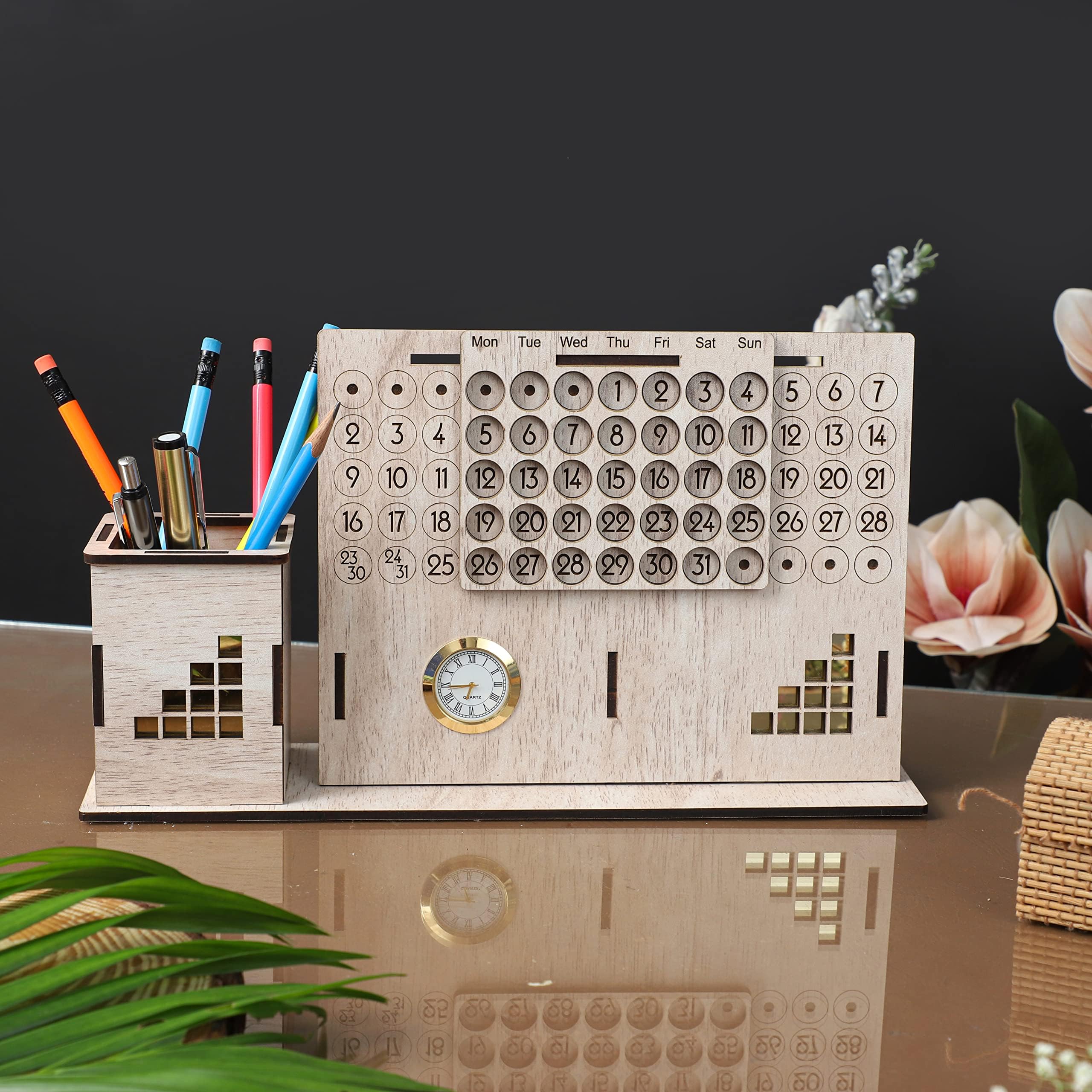 WOOD HOUSE Wooden Pen Stand For office Table Stylish With Clock, Mobile ...