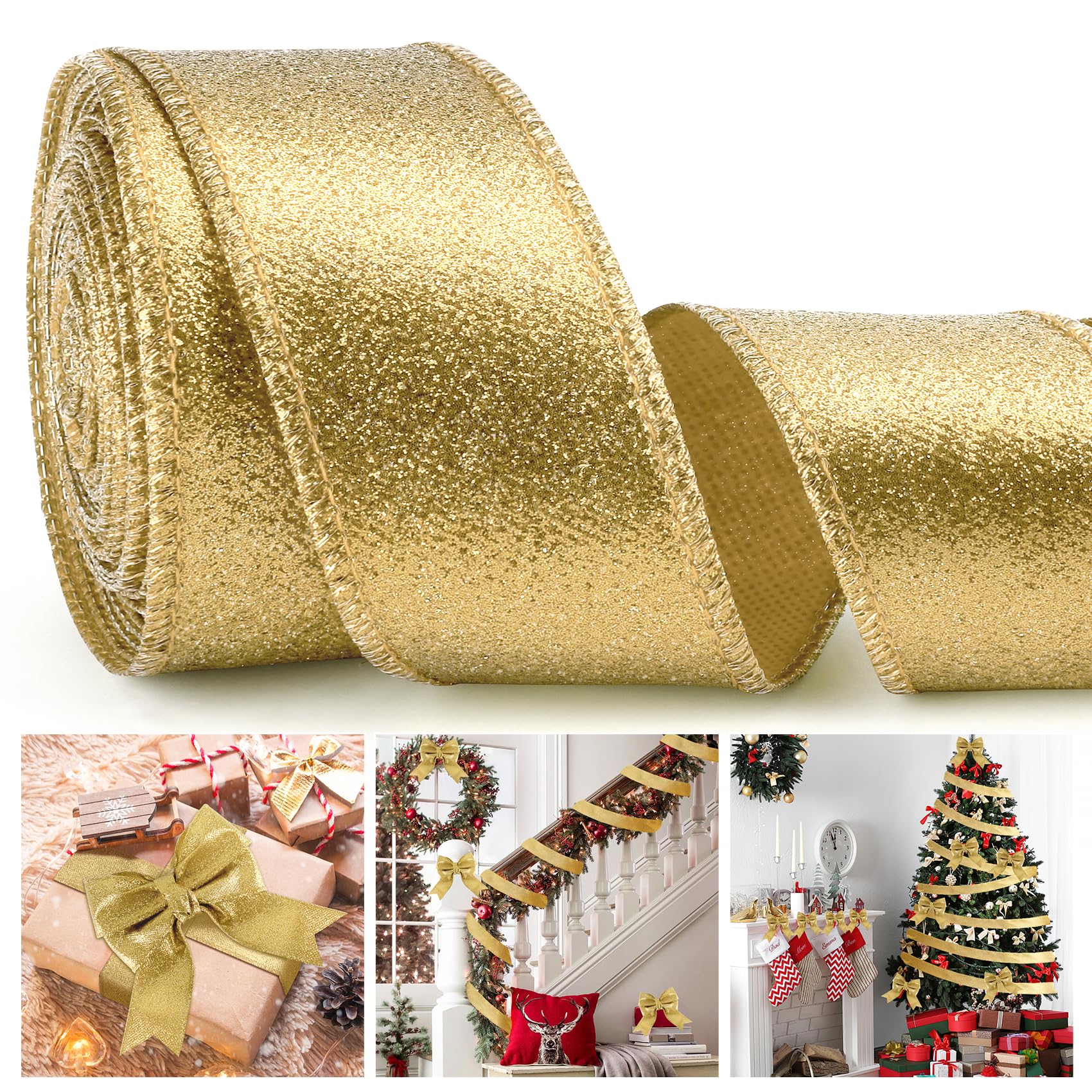 Amazon.com: Gold Ribbon for Christmas Tree Gold Christmas Ribbon Wired ...